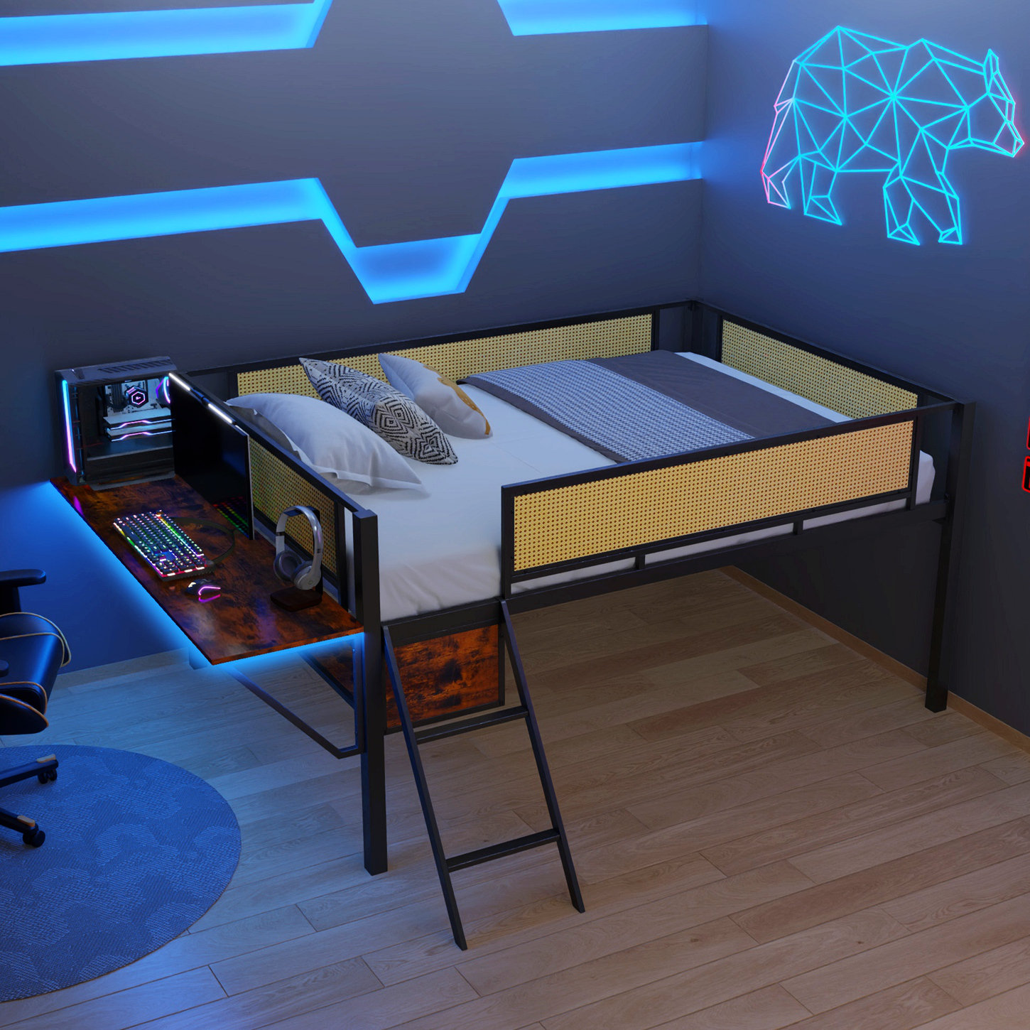 17 Stories Full Size Metal Loft Bed With Rectangular Desk, Led Loft Bed ...