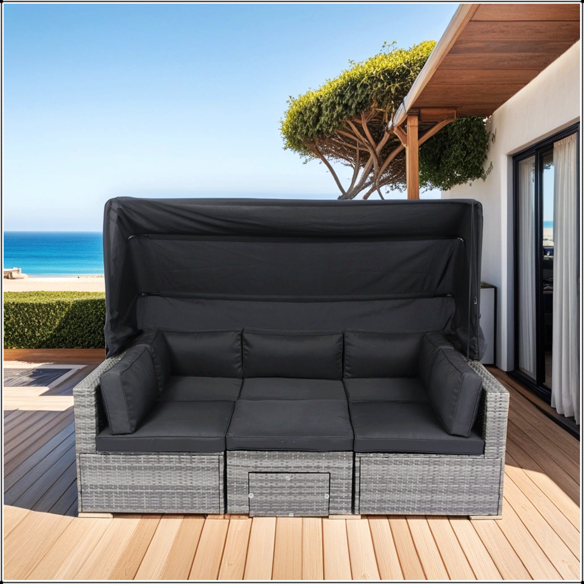 Ebern Designs 7-Piece Patio Furniture Set w/Retractable Canopy Wicker ...