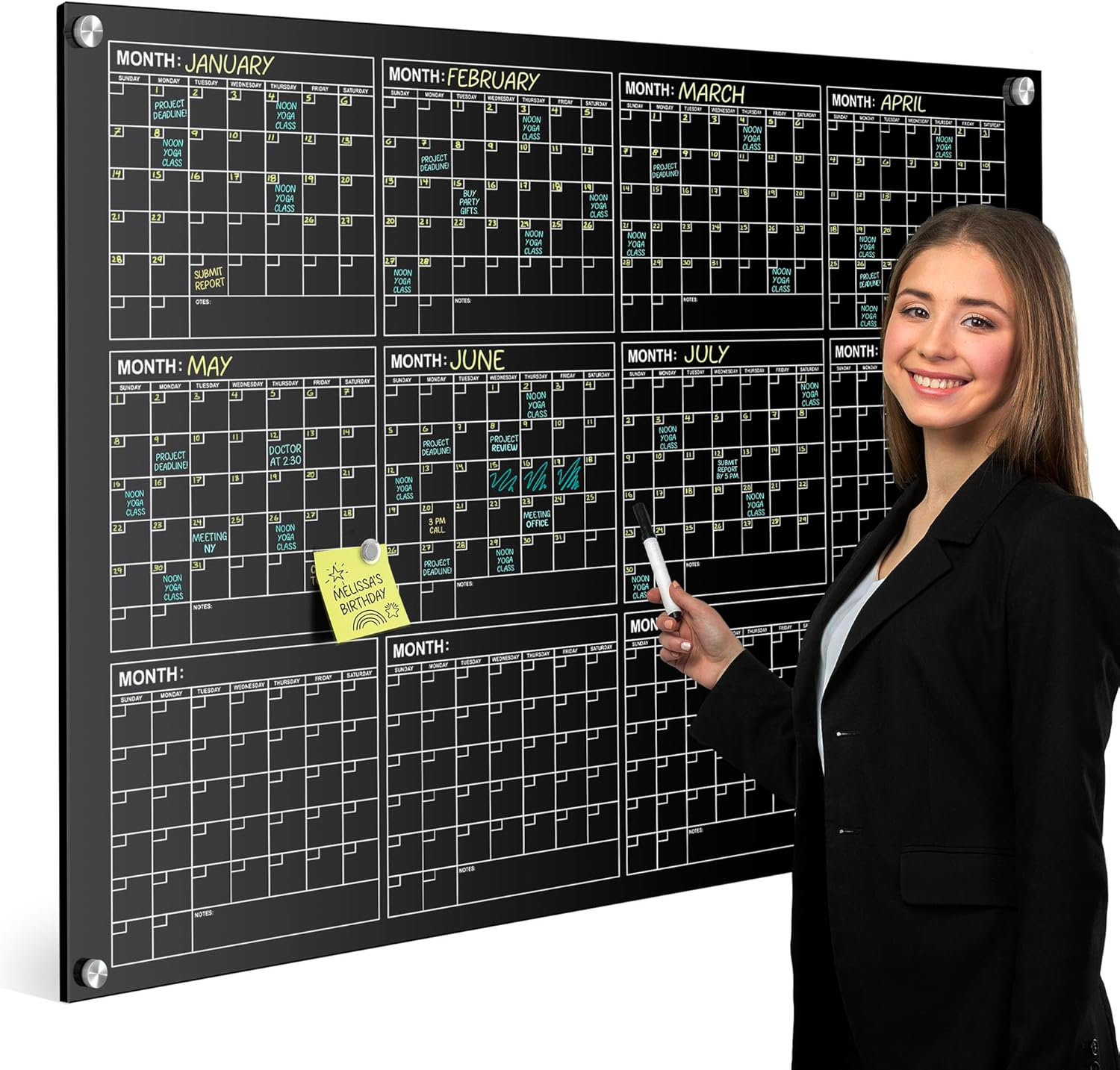 Scribbledo Black Magnetic 34”x46” Glass Whiteboard Yearly Calendar ...