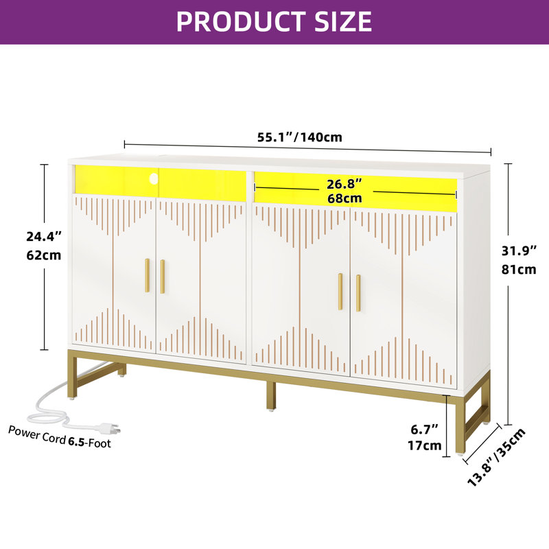 Wrought Studio™ Borgar 55'' Sideboard Buffet With Power Outlet & LED ...