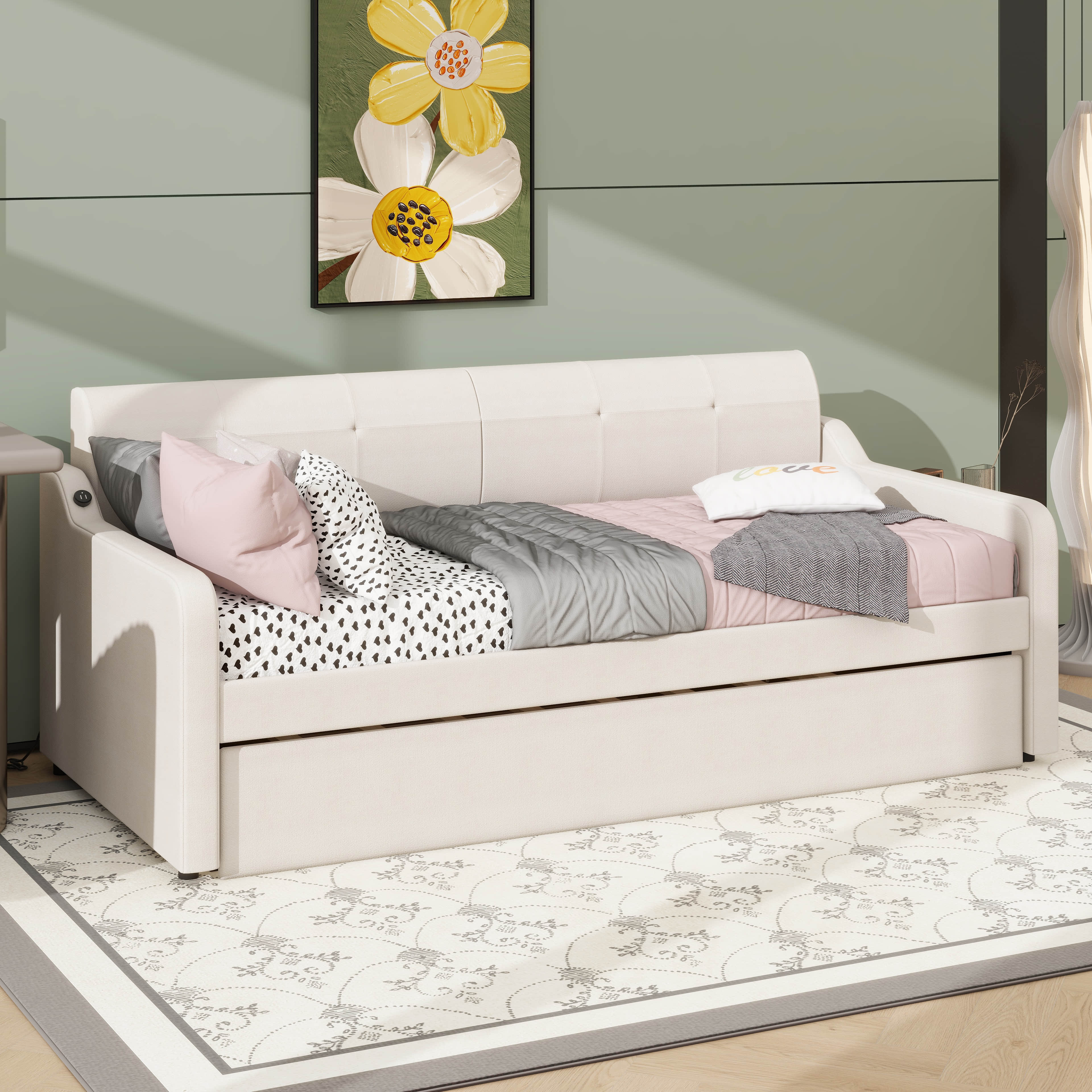 Latitude Run® Twin Size Padded Daybed With Handy Trundle And USB ...