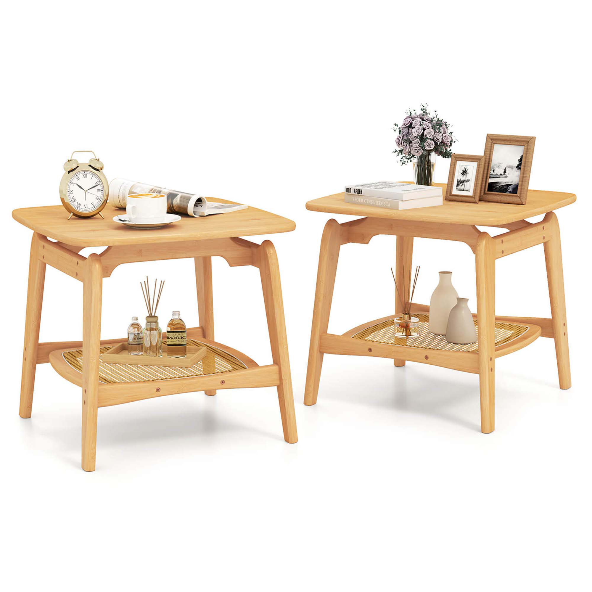 George Oliver 2 Pcs Bamboo Sofa Side Table With Faux Rattan Storage ...