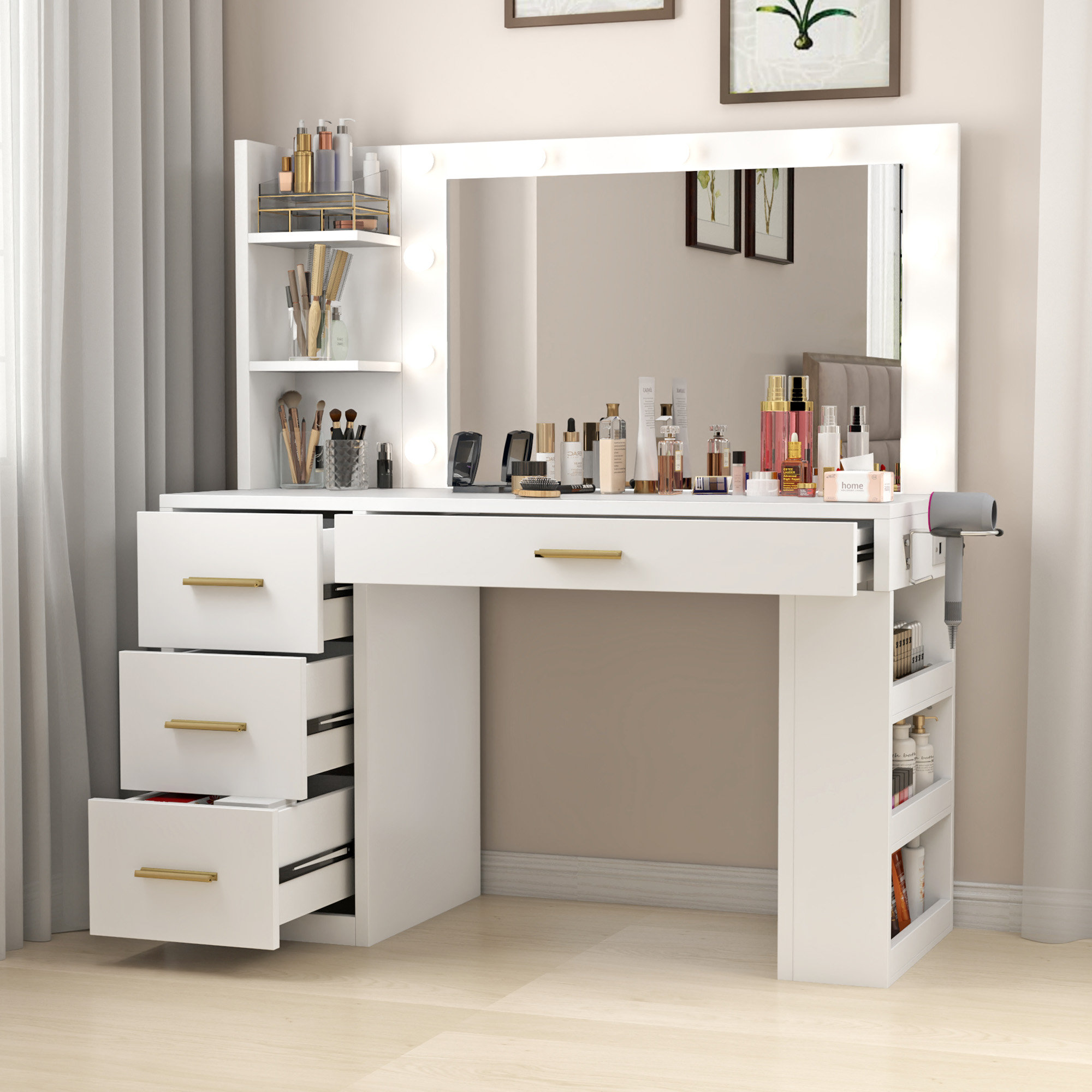 Latitude Run® Makeup Vanity Desk With Mirror, Powers Strips & Lights ...