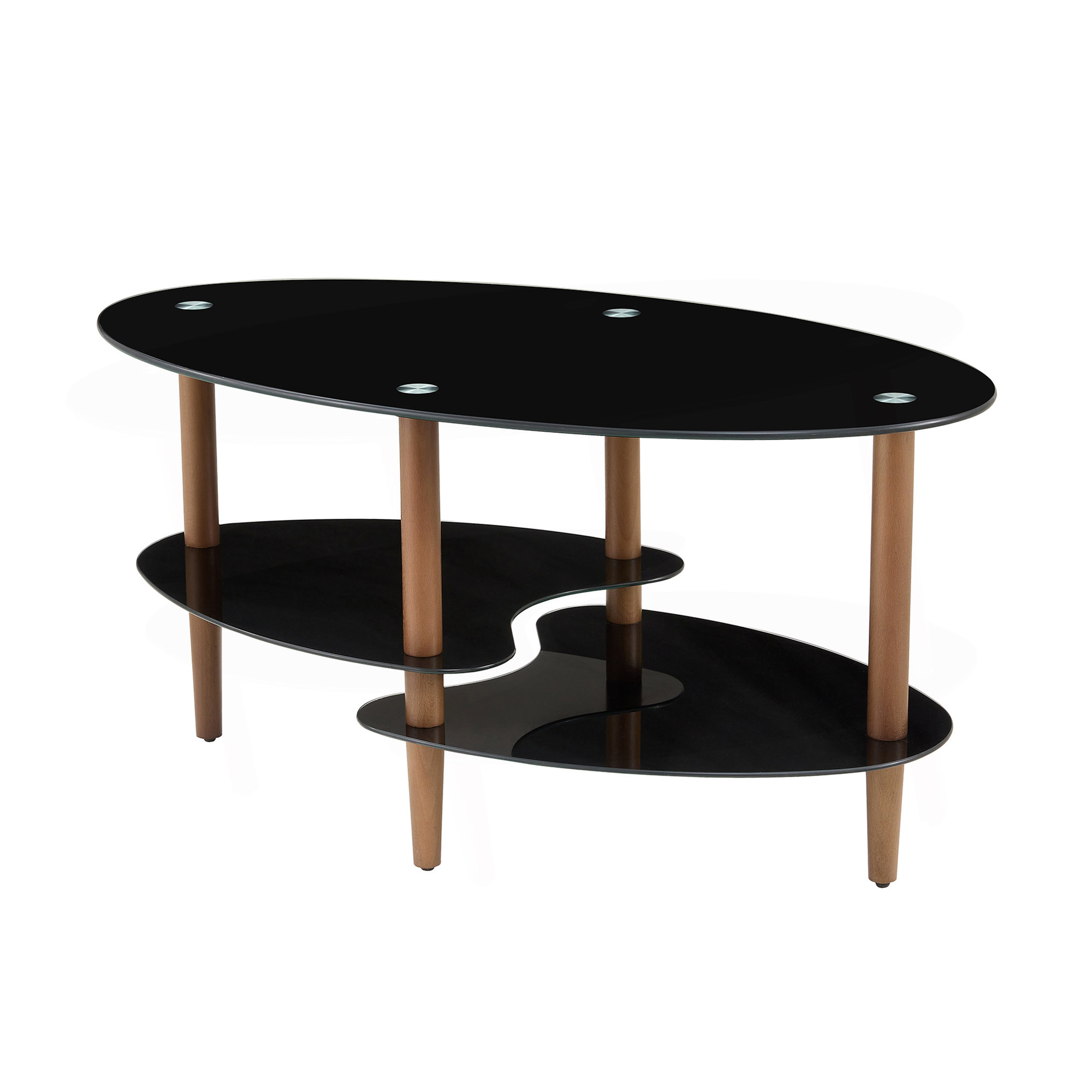 Ivy Bronx Modern Oval Glass Coffee Table with Oak Wood Legs and 3-Layer ...