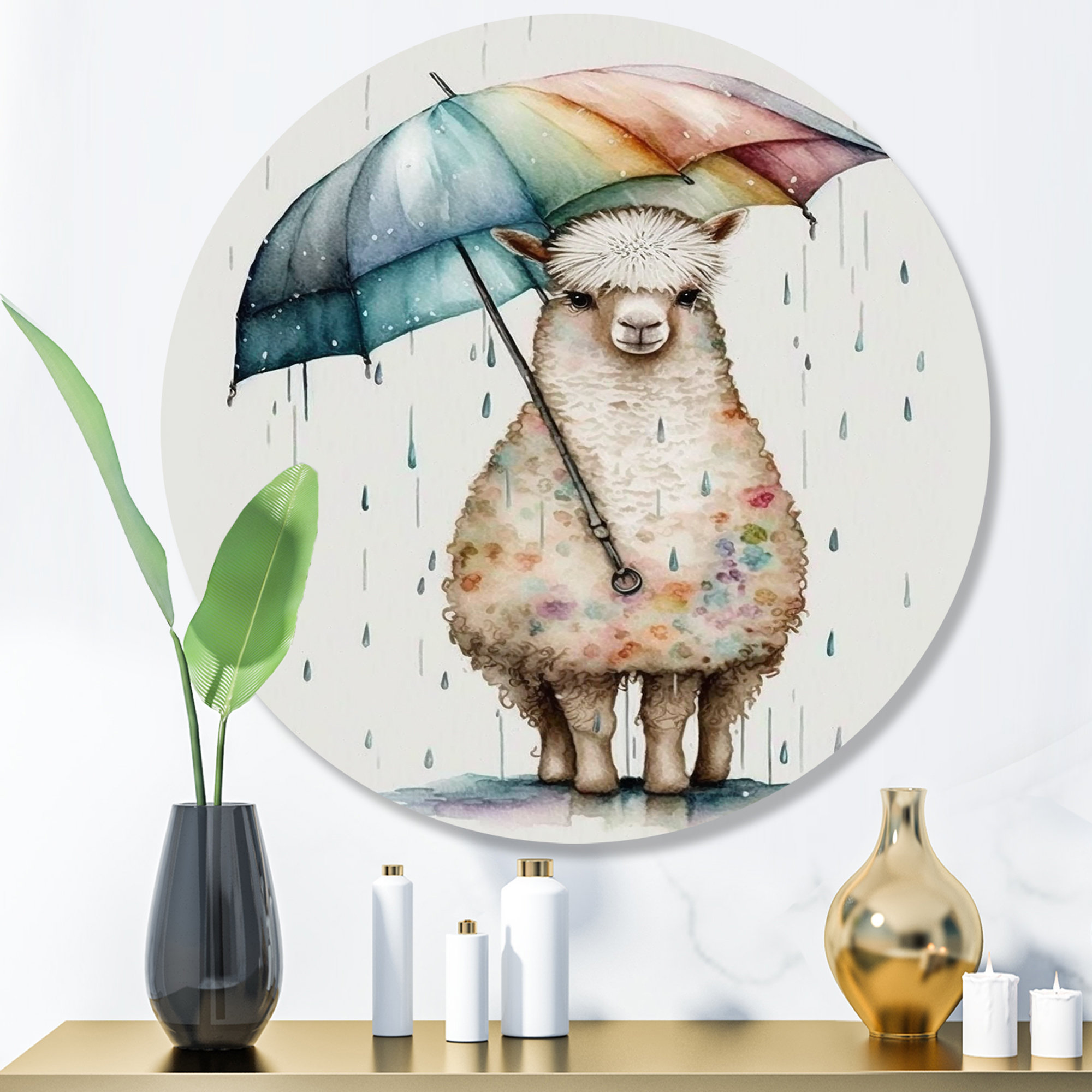 Trinx Eadith Cute Llama With Umbrella Rainy Day - Llama Round Metal ...