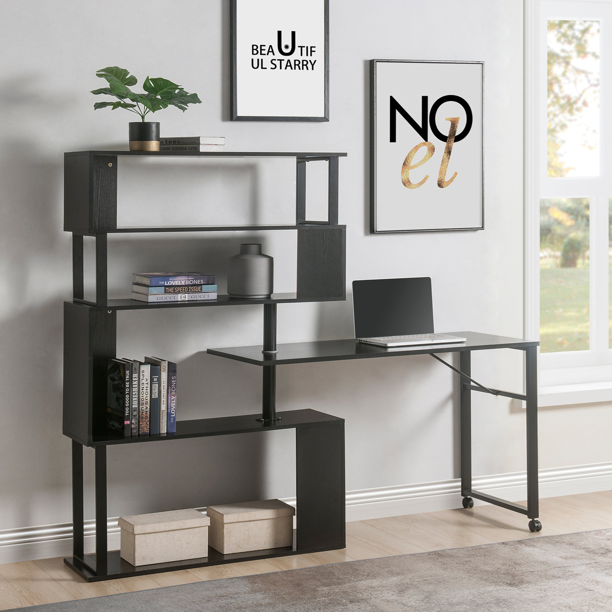 17 Stories L-Shaped Rotating Desk with 5-Tier Bookshelf & Locking ...
