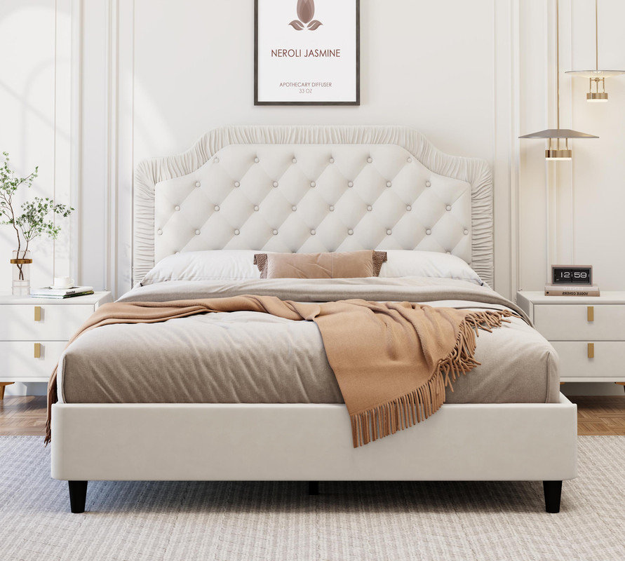 House of Hampton White Velvet King Size Upholstered Bed - Ruched ...