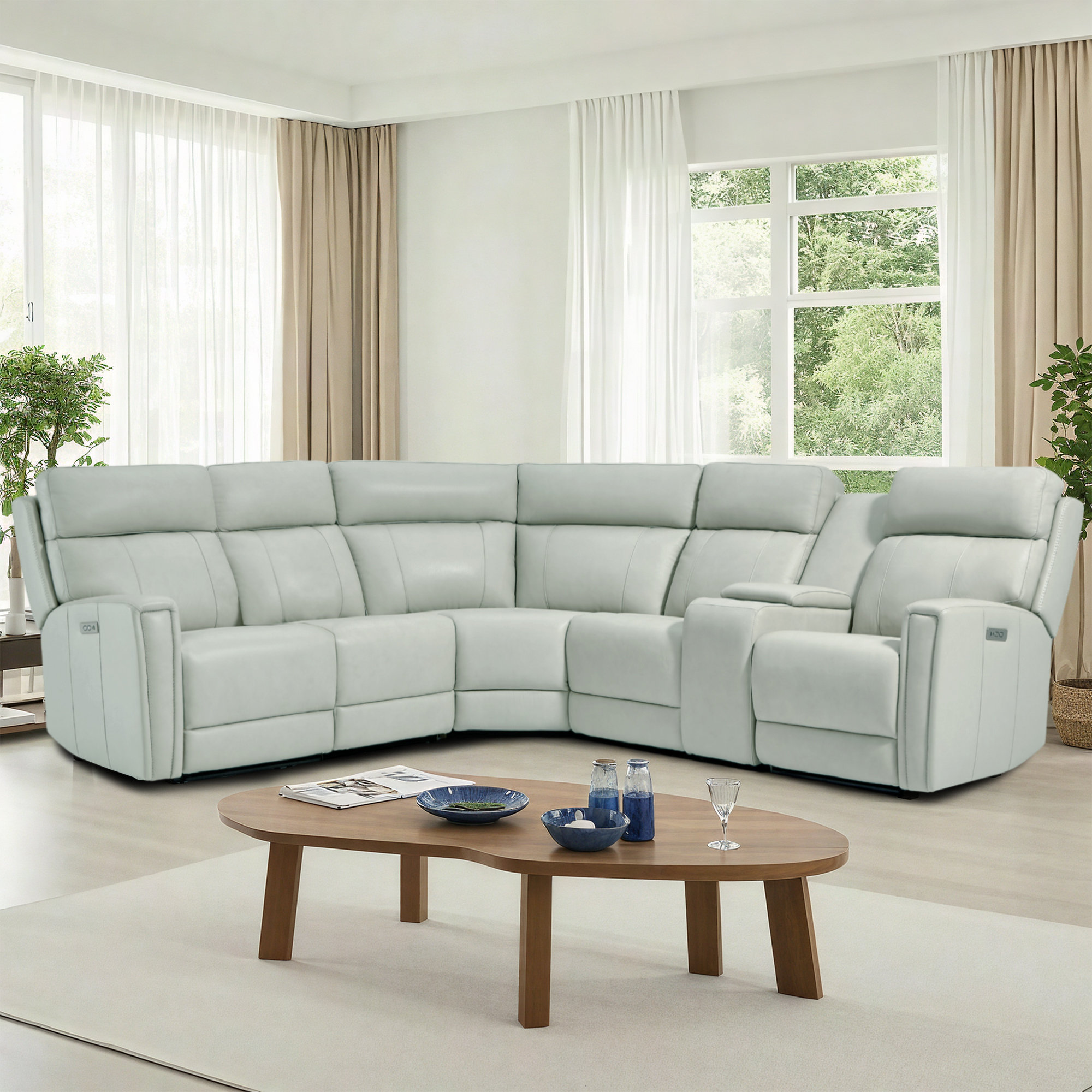 Hokku Designs Dual-Motor Recliner Sectional Sofa, Genuine Leather Power ...