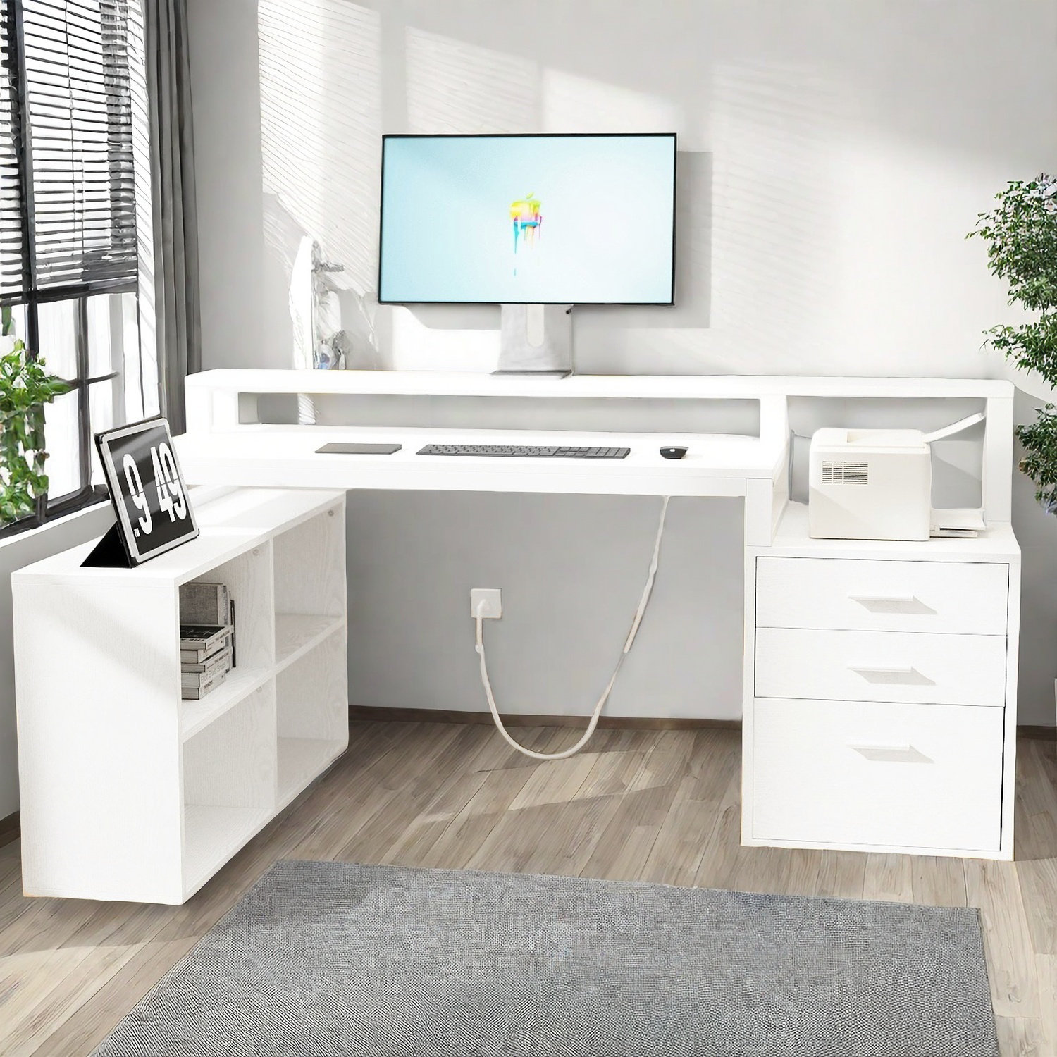 Balconera 65'' L Shaped Desk With Power Outlets, LED Lights & Monitor ...