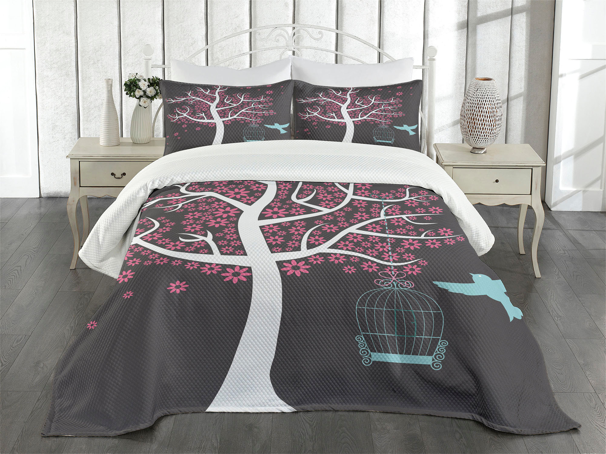 Ambesonne Tree Bedspread Tree Bitd Cage Leaves Grey Pink Pale Grey ...