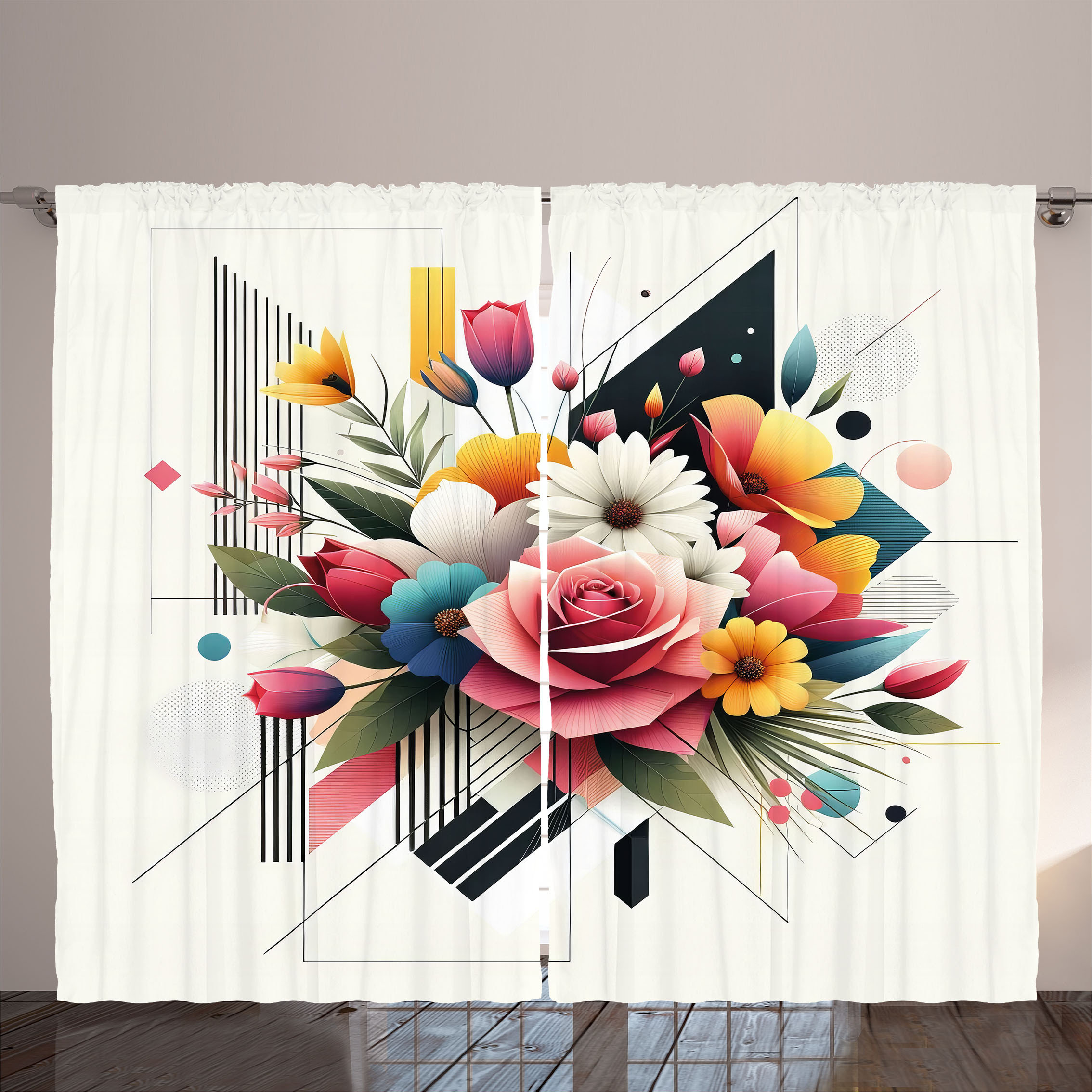 Latitude Run® Curtains 2 Panel Set, Colorful Floral Huddle Leafy Rose ...