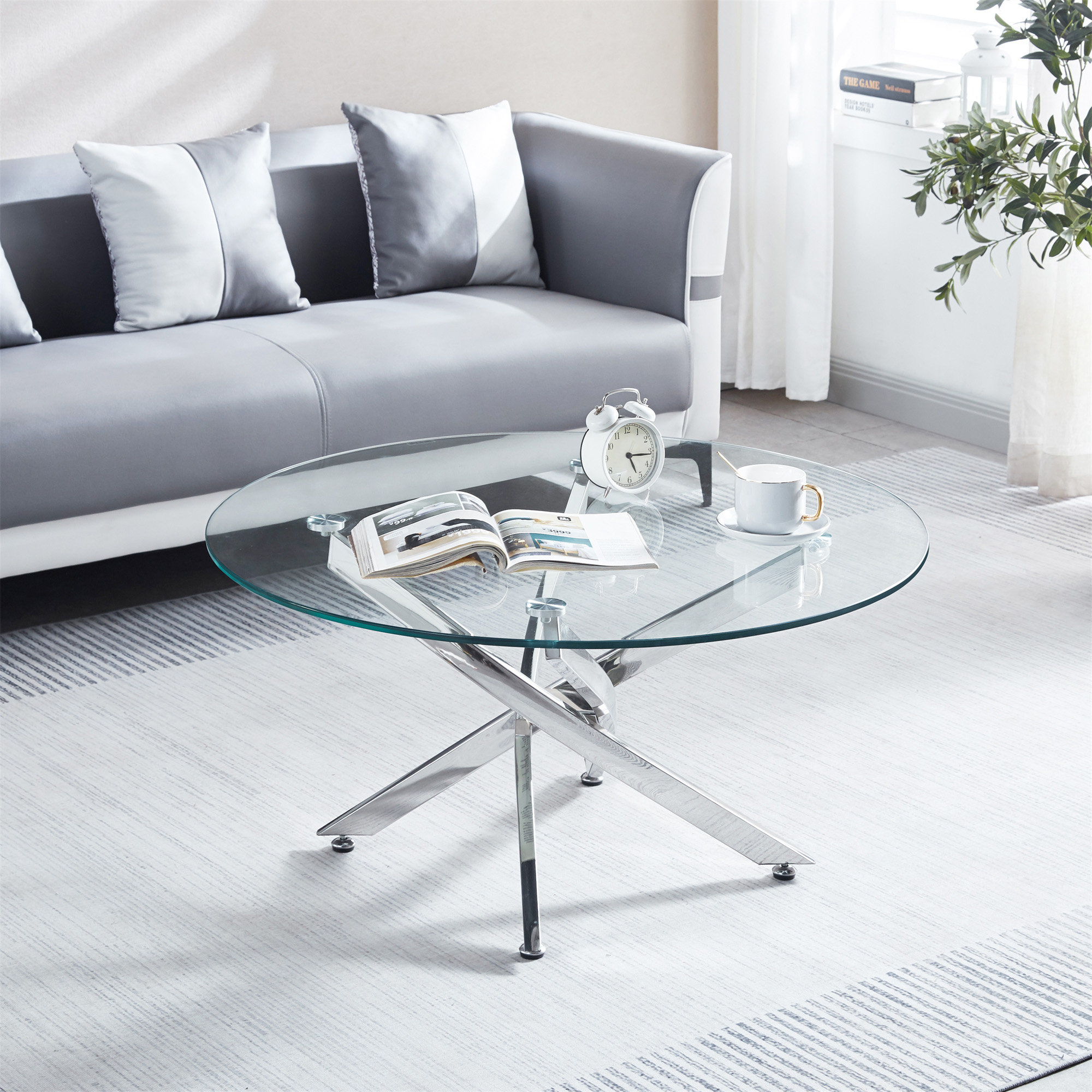 Mercer41 Modern Round Tempered Glass Coffee Table With Stainless Steel ...