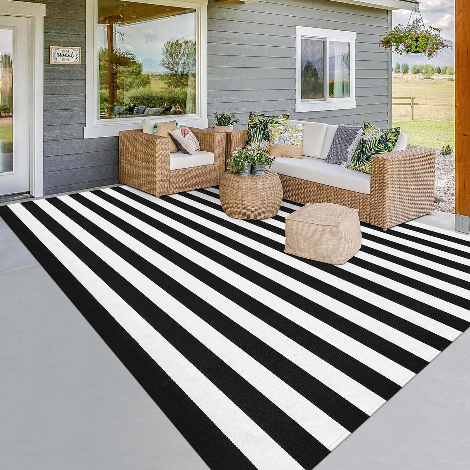 Hokku Designs Black And White Striped Rug 8X10 Feet Cotton Woven Rug ...