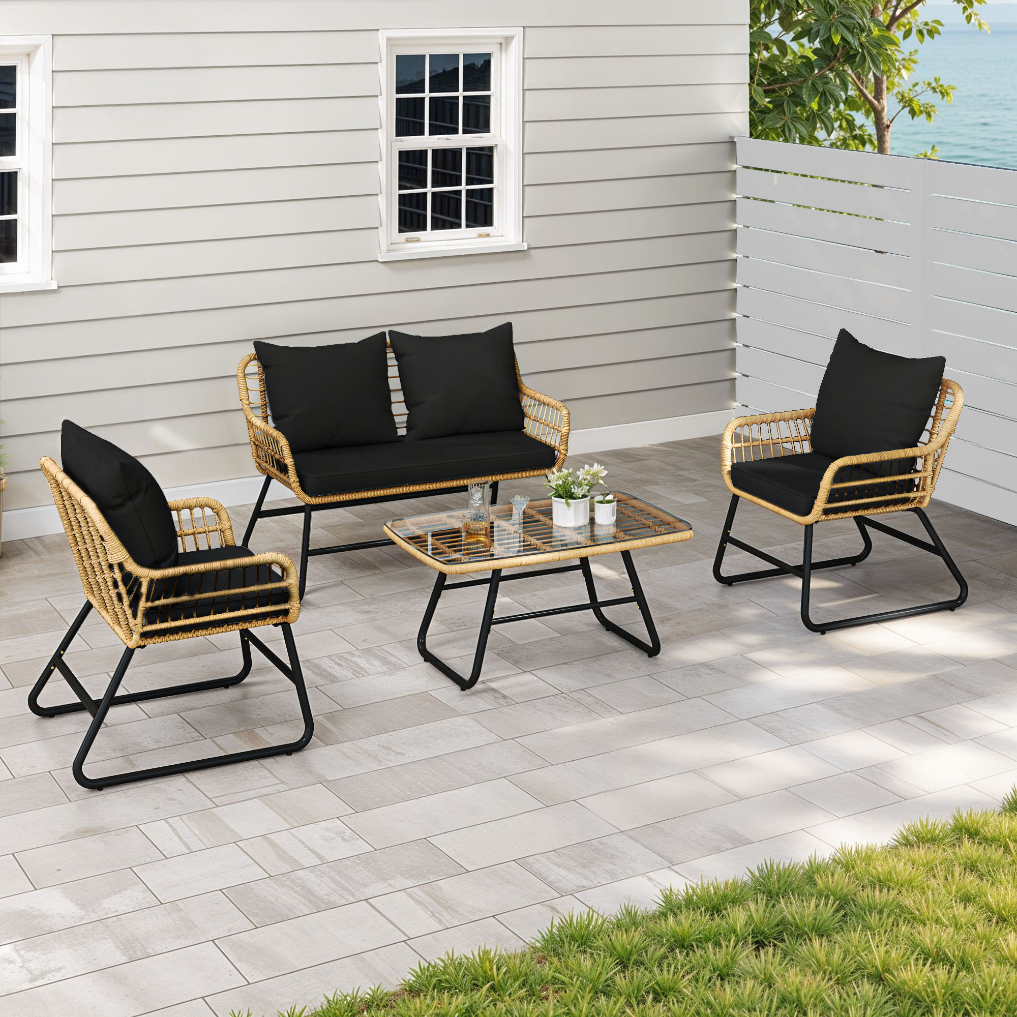 Latitude Run® 4-Piece Patio Furniture Wicker Bistro Set Outdoor All ...