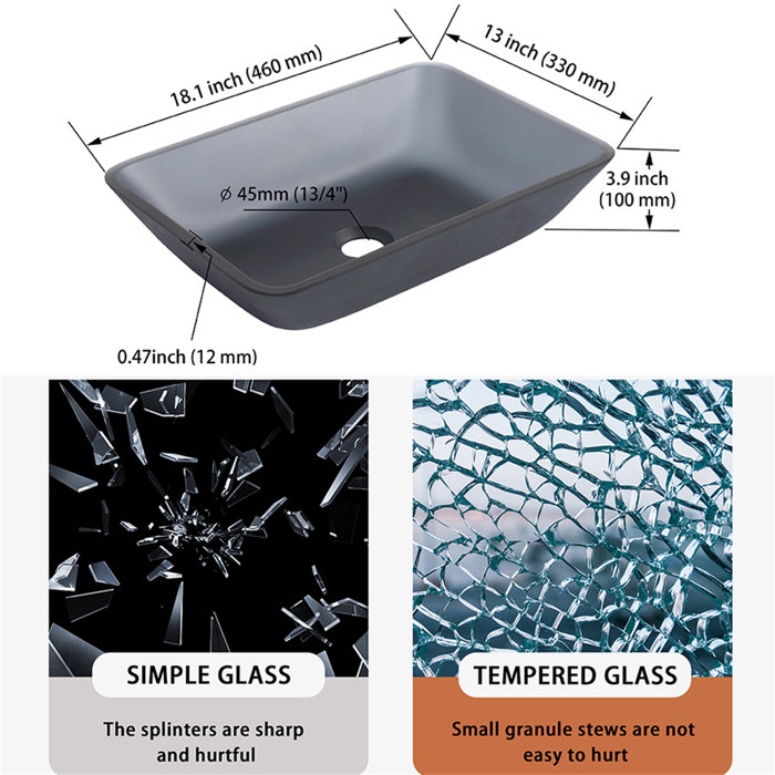 TONWIN 13'' Glass Rectangular Vessel Bathroom Sink | Wayfair