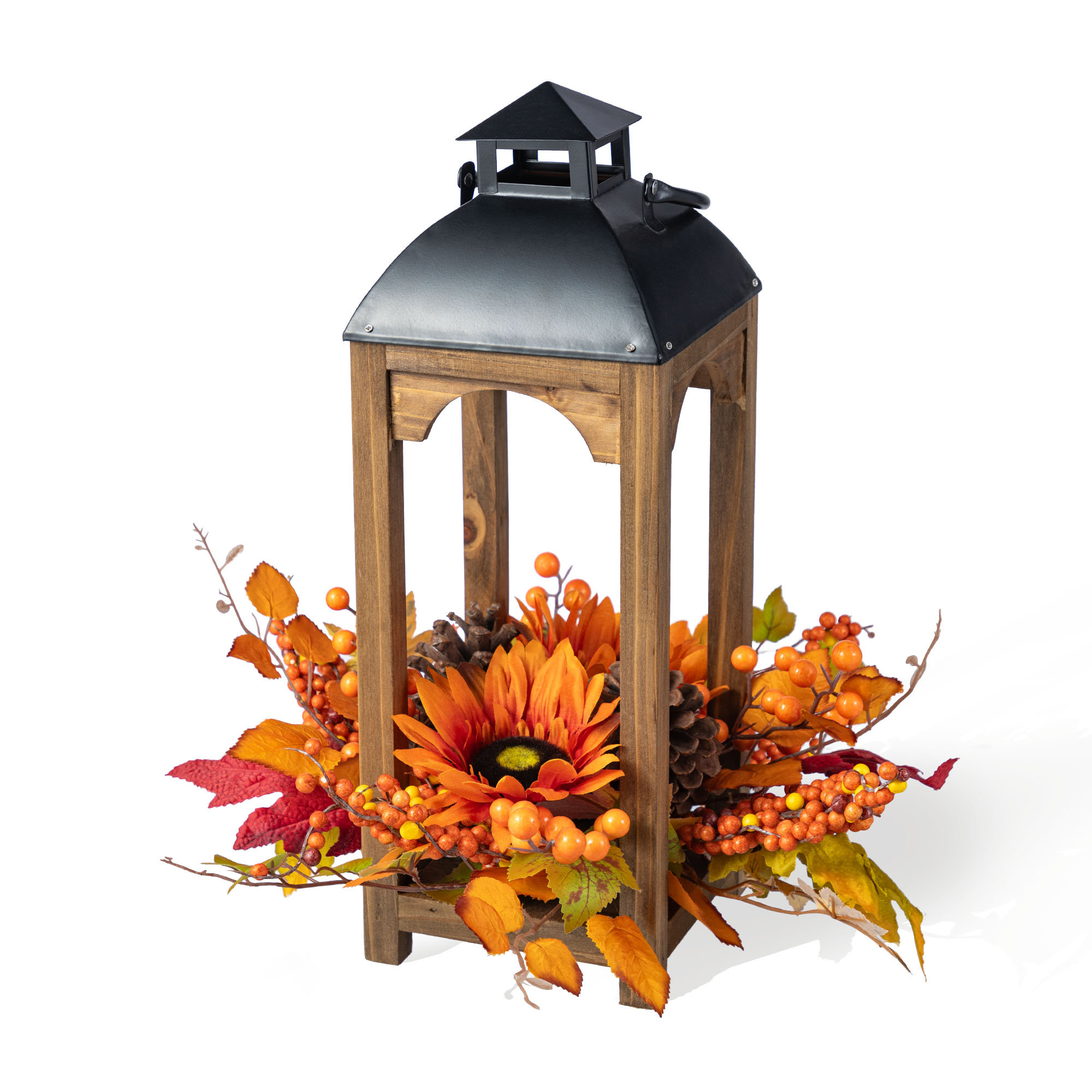 Ophelia & Co. 20"H Fall Sunflower, Pinecone And Berry Wood Lantern ...