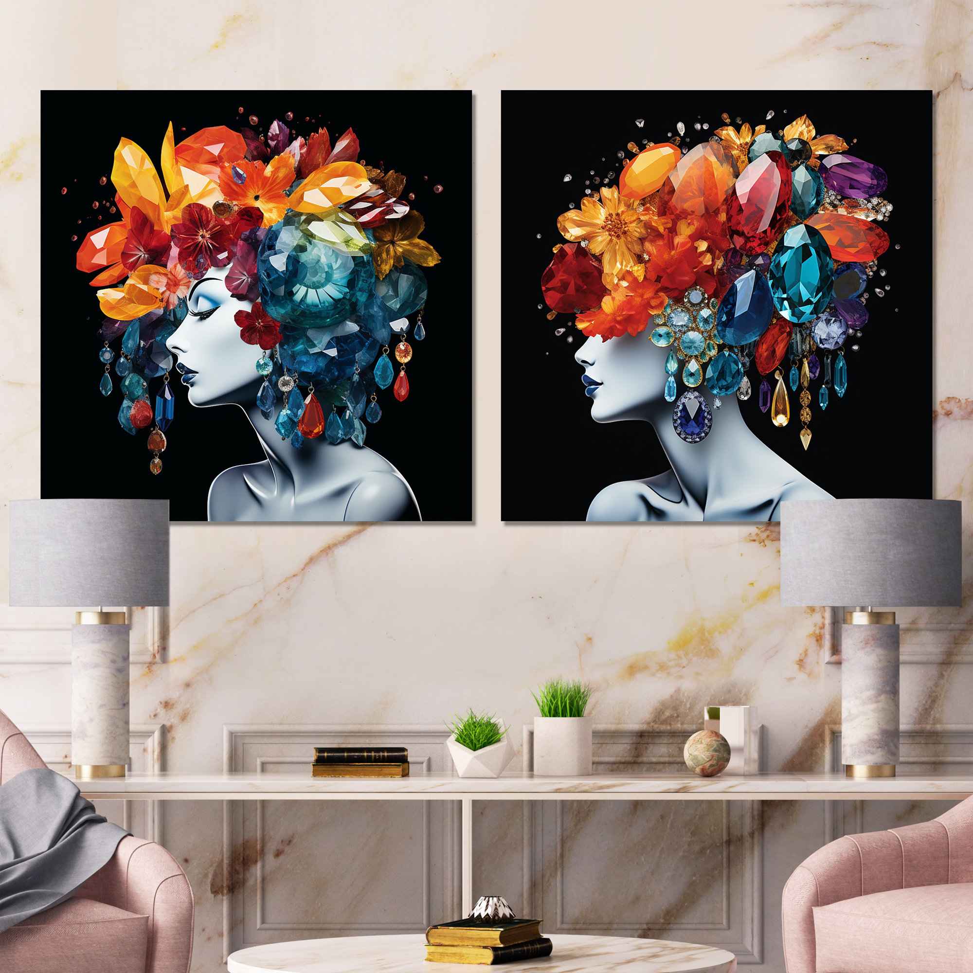 Mercer41 Urban Elegance Woman Crystal And Flower Hair I - Fashion Woman Canvas Prints Set Of 2 ...