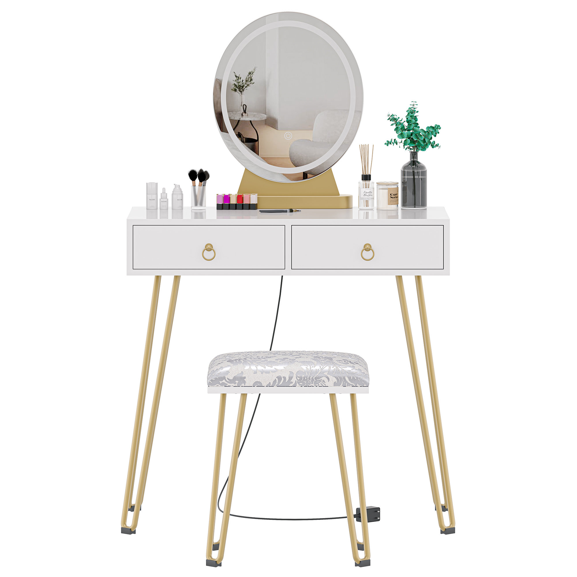 George Oliver White Makeup Vanity with Stool Adjustable Lighted Vanity ...