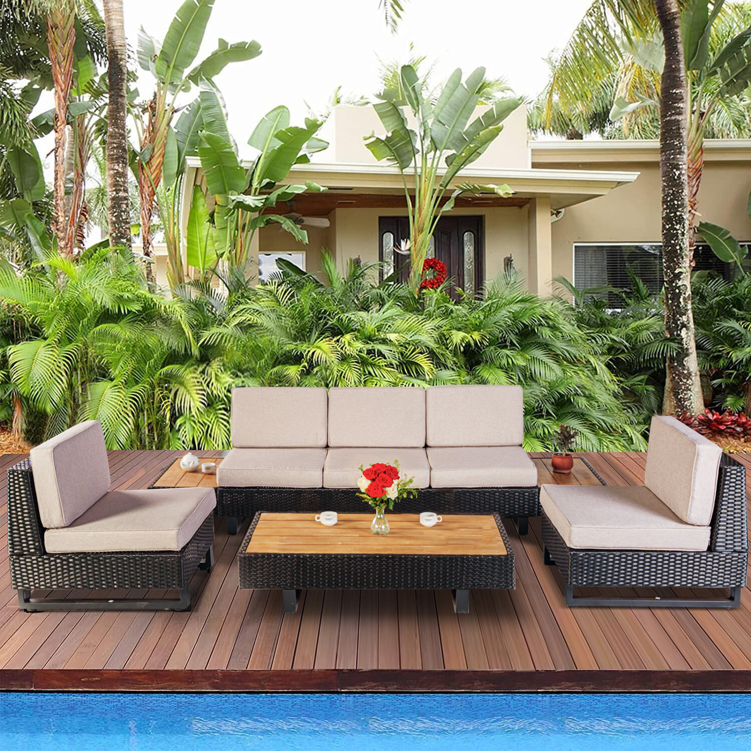 Latitude Run® Qynn 5 - Person Seating Group with Cushion and Acacia ...