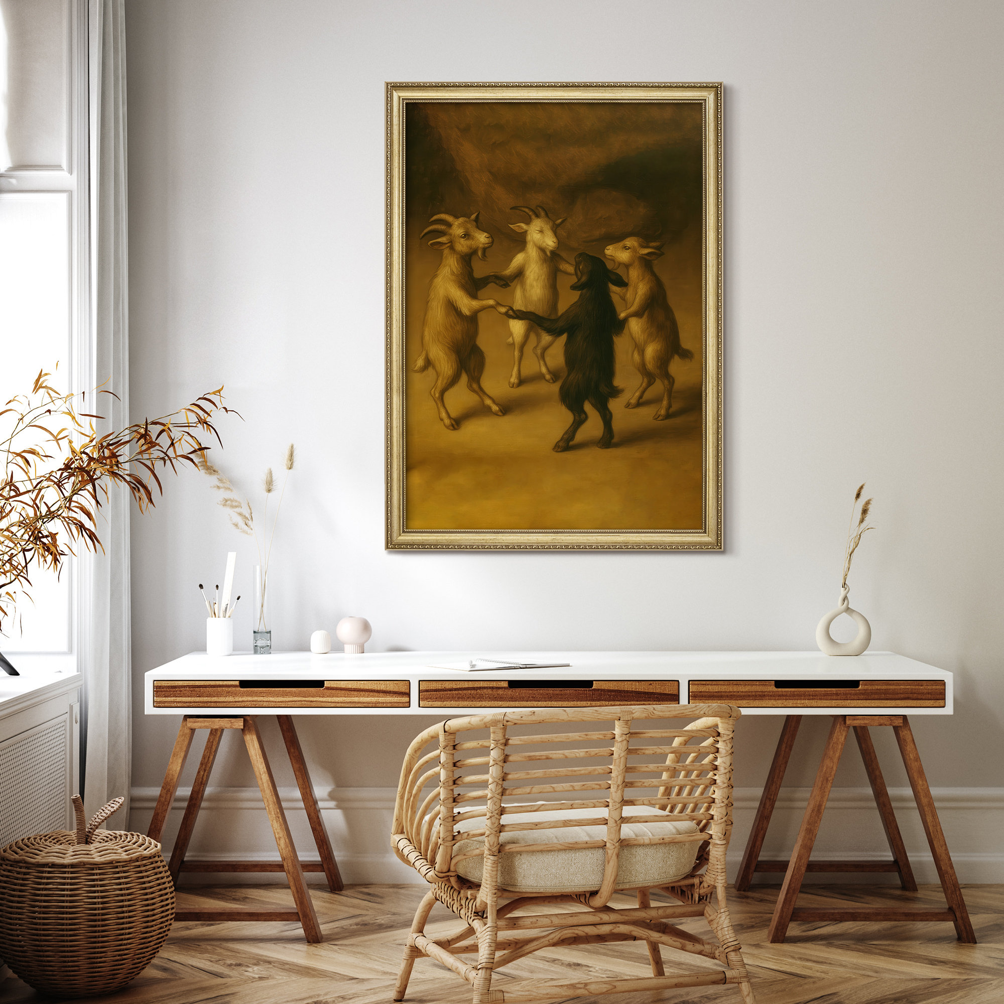 wall26 Dancing Goats Folk Art Framed Wall Art – Whimsical Animal ...