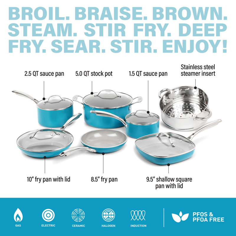 Gotham Steel Aqua Blue 12 Piece Nonstick Ceramic Cookware Set, Oven ...