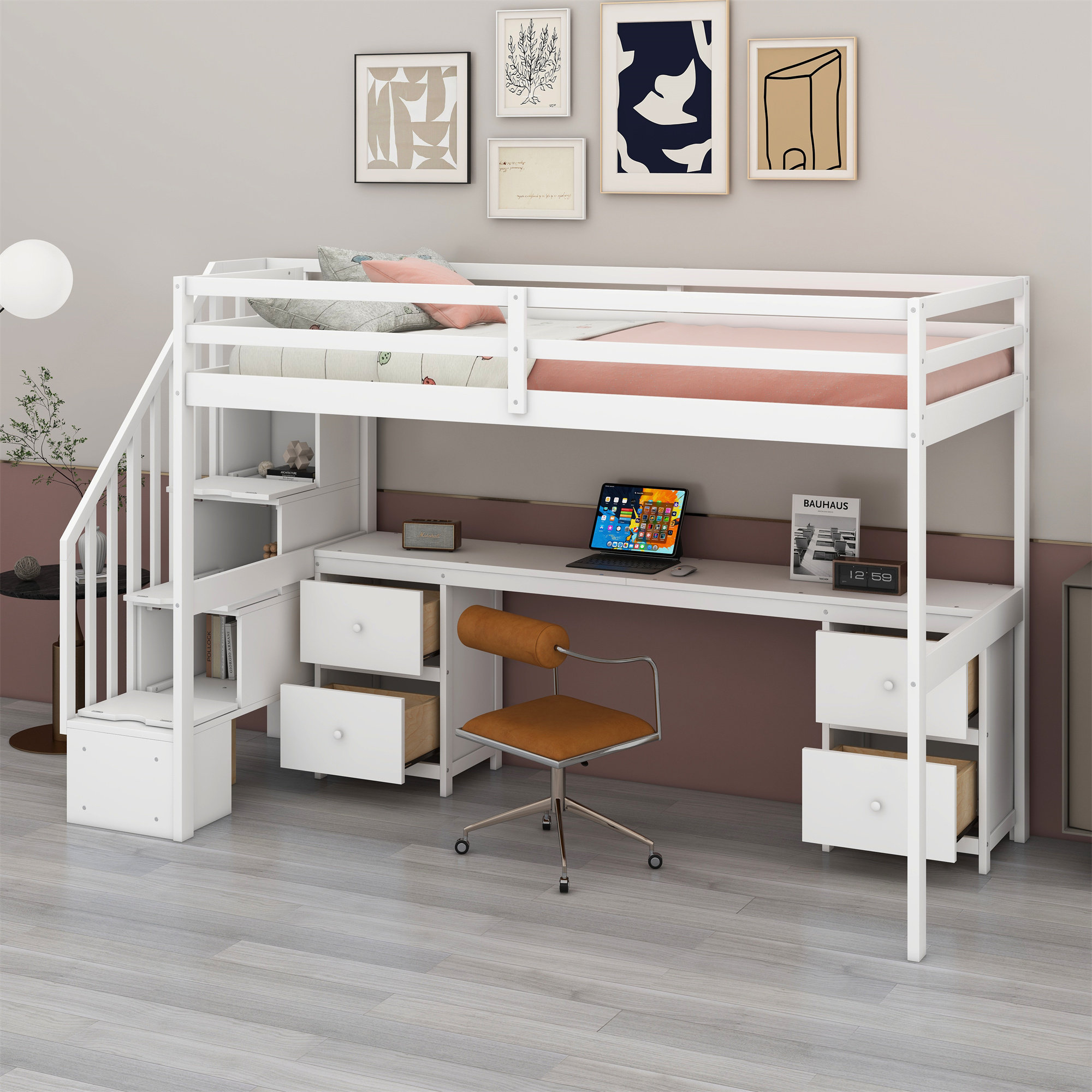 Harriet Bee Loft Bed Frame With Built-In Desk And Double Storage ...