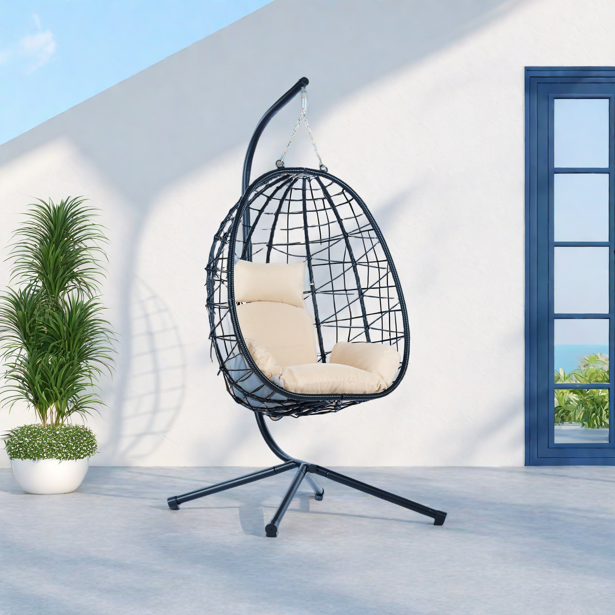 Arlmont & Co. Fauteuil à œufs avec support Balancelle d'extérieur pour l'extérieur en osier ...