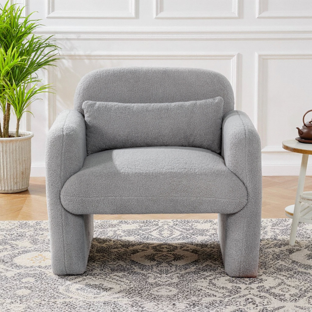 LEGU Cozy Grey Teddy Fleece Single Sofa Chair for Living Room, Bedroom ...