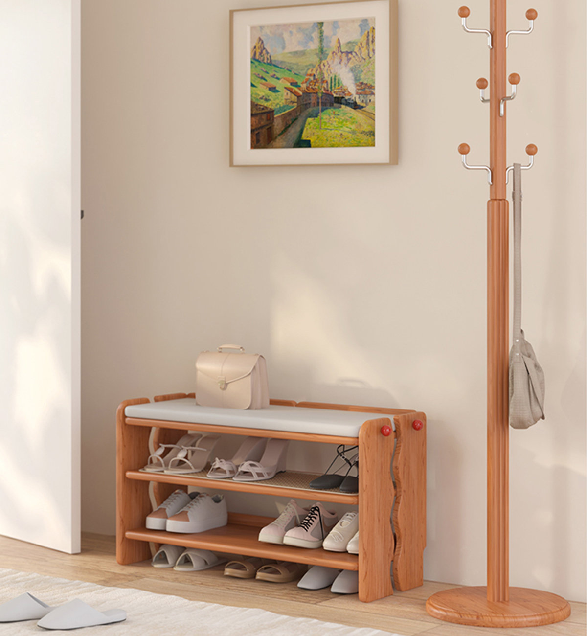 Hokku Designs Solid Wood Shoe Change Stool Three-Layer Shoe Rack ...