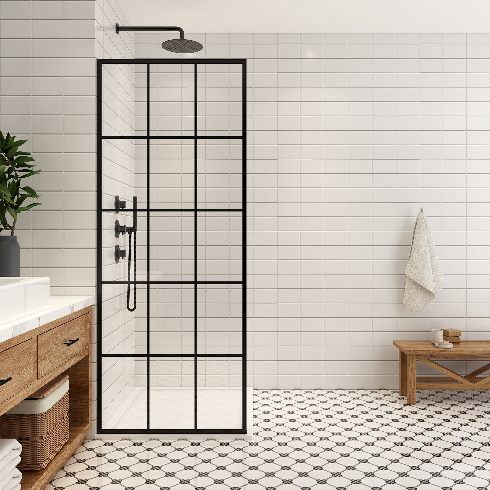 Vinnova Puente 34" W x 78" H Fixed Single Panel Shower Door in Matte ...