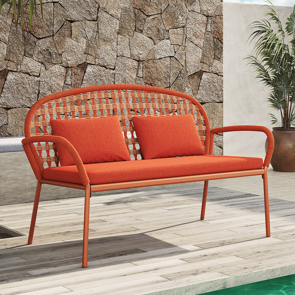 Corrigan Studio® Vintage Orange Steel Bench With Fancy Rope, Olefin ...