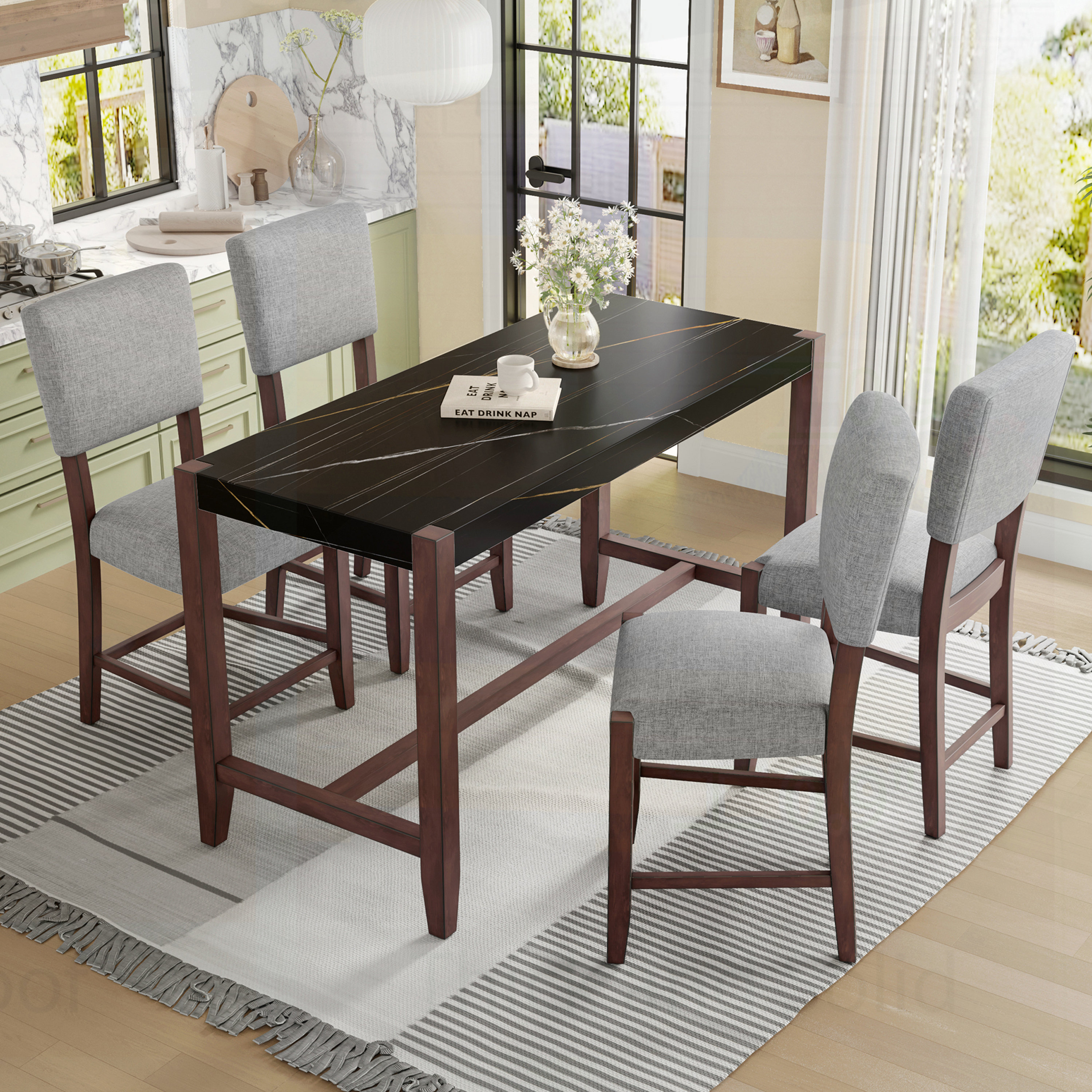 Rongeng Counter Height Table, 47.5 Inch Faux Marble Finish Bar Dining ...