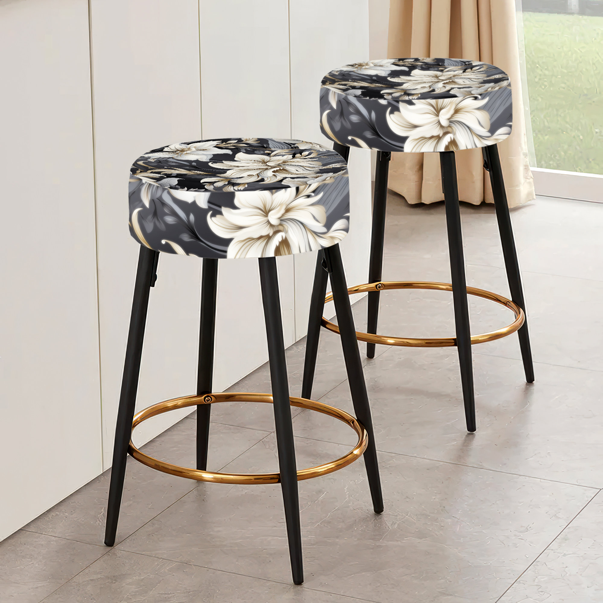Design Art Deep Black Silver Flowers Elegance - Glam Bar Stools Set Of ...
