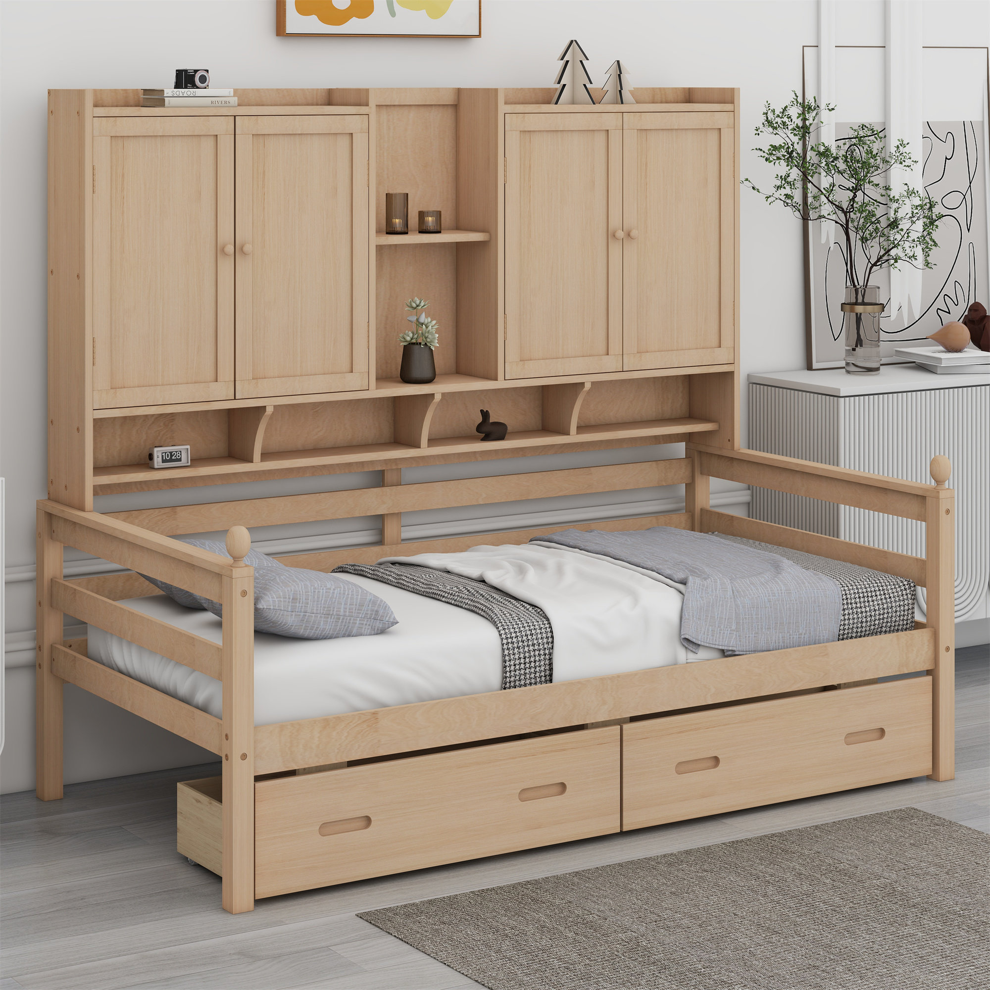 Alcott Hill® Wooden Storage Daybed Frame With Bookcase Headboard And ...
