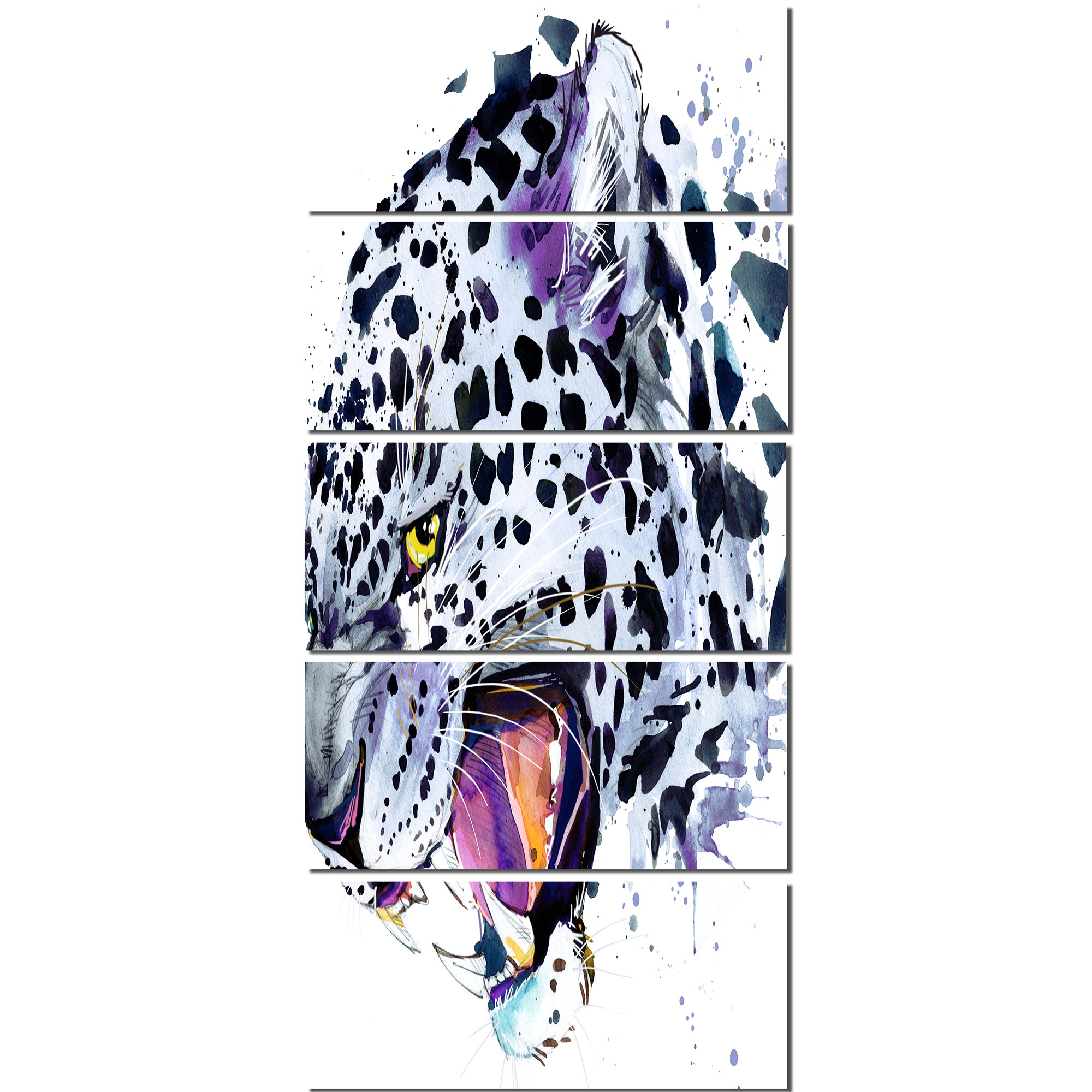 Design Art 'Ferocious Snow Leopard Face' 5 Piece Painting Print on ...