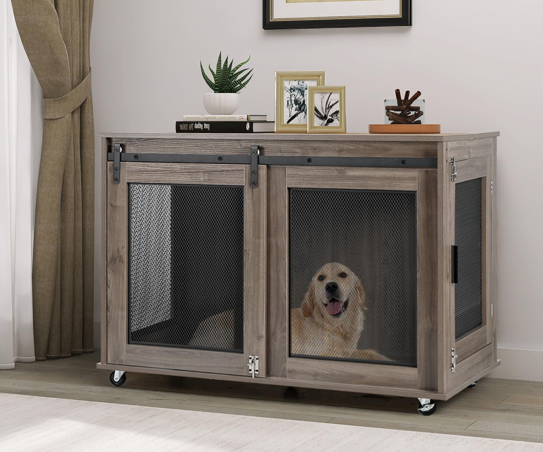 Latitude Run® 40 Inch Dog Crate Furniture, Wooden Heavy Duty Dog Kennel ...