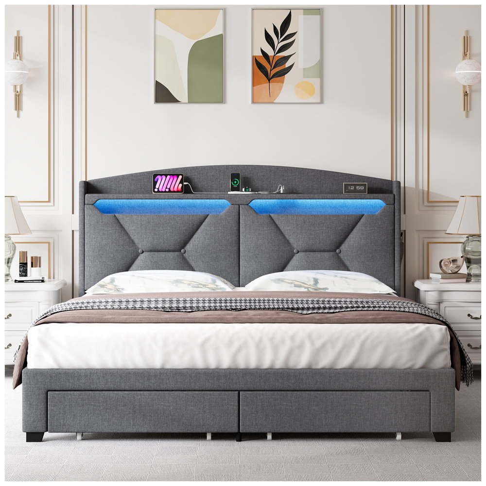 Wrought Studio™ Storage Headboard Plarform bed with RF LED Lights | Wayfair