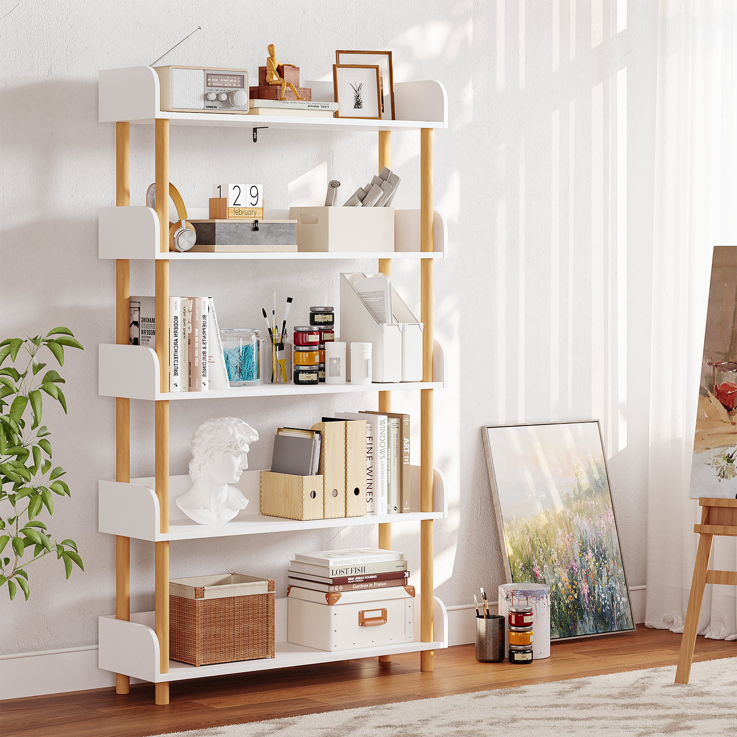 Ebern Designs Wooden Open Bookshelf, Modern Open Bookcase, Free ...