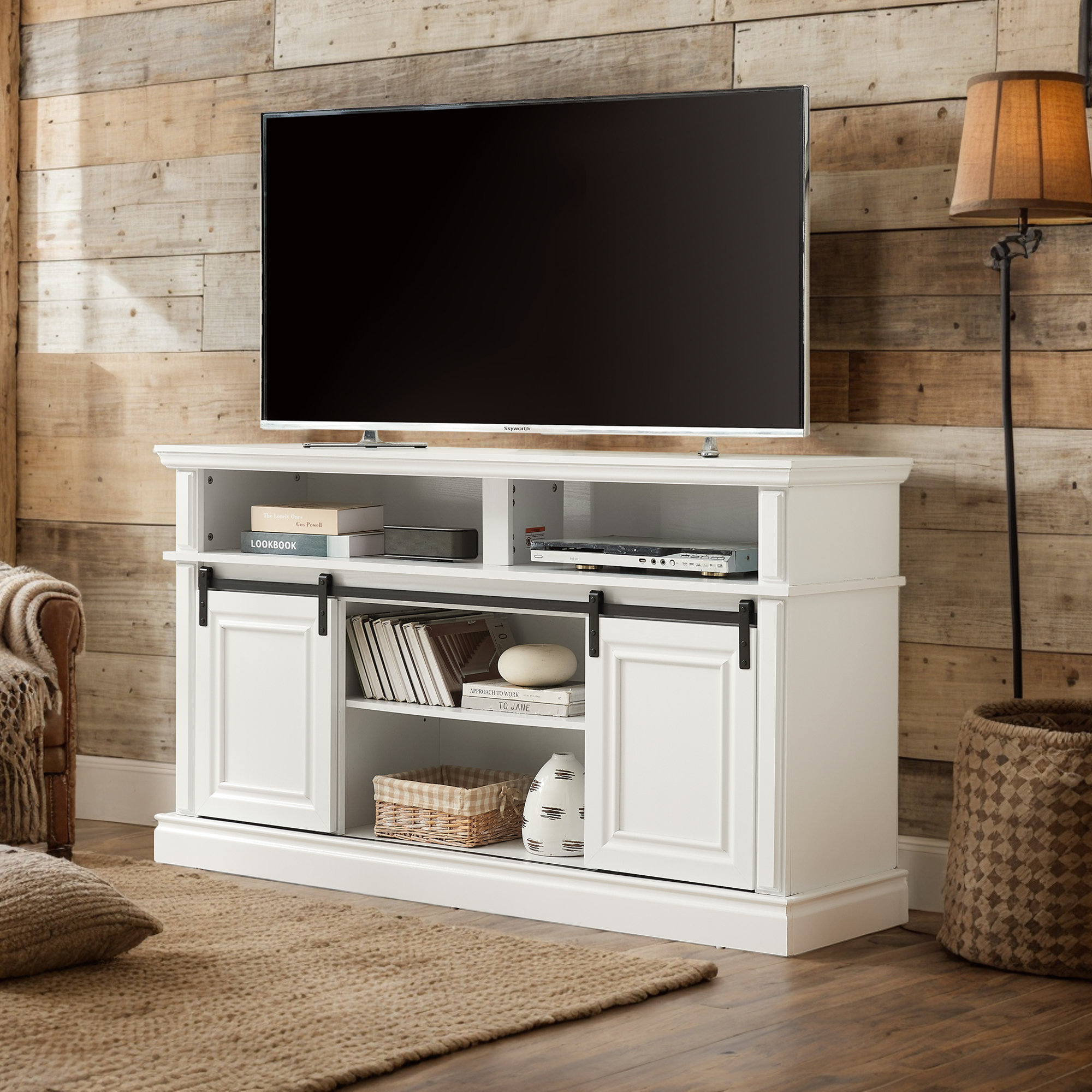 Gracie Oaks Mid-Century Modern TV Console with Sliding Doors & Storage ...