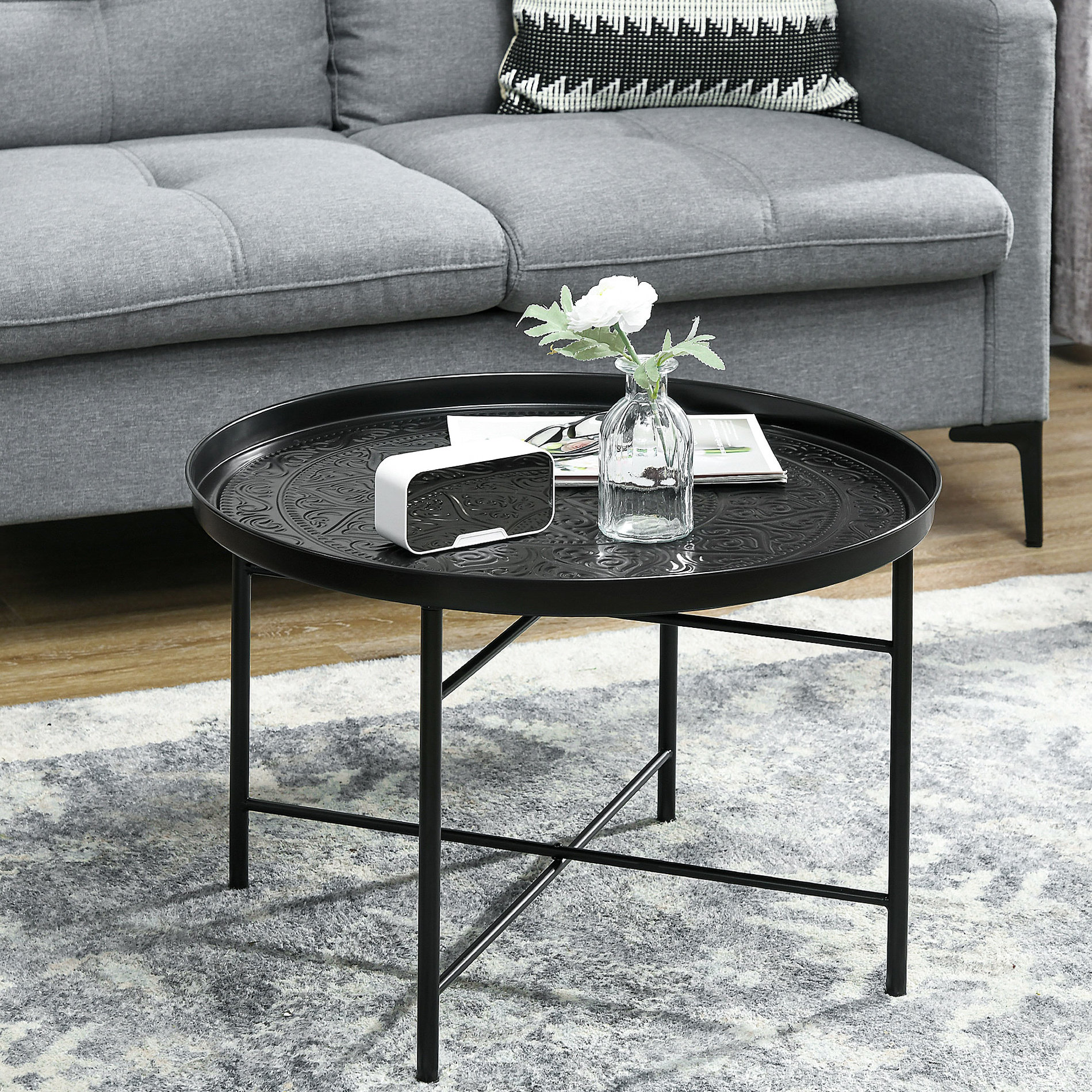 Ebern Designs 24" Round Coffee Table With Hammered Metal Finish, For ...