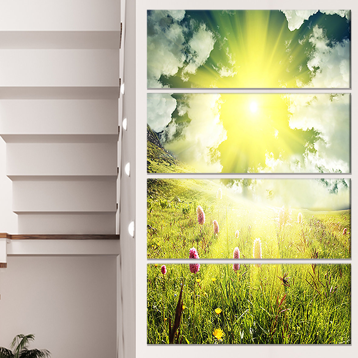 Design Art 'Mountains Pasture Under Bright Sunset' 4 Piece Graphic Art ...