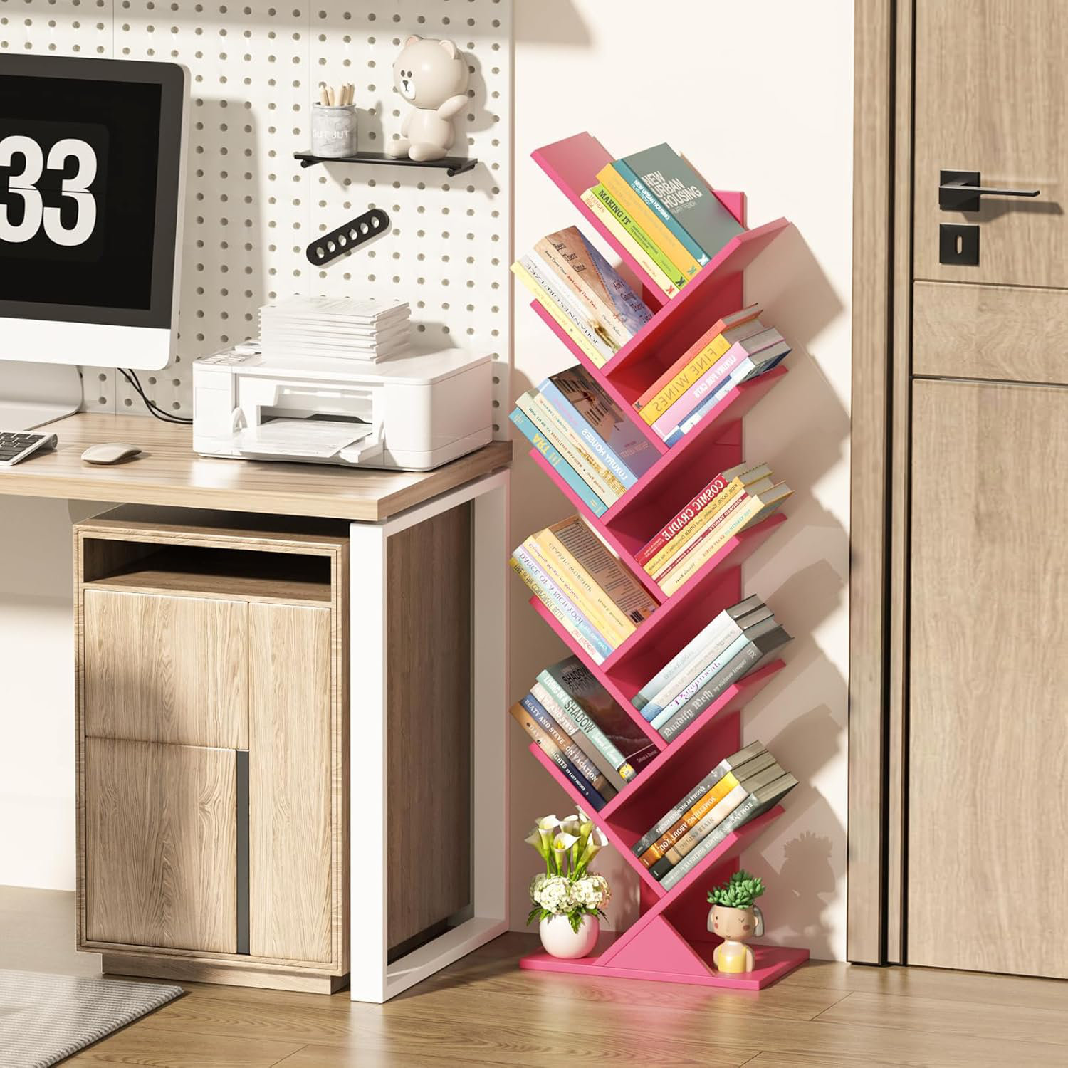 Ebern Designs 10-tier Pink Tree Bookshelf, Narrow Floor-standing ...