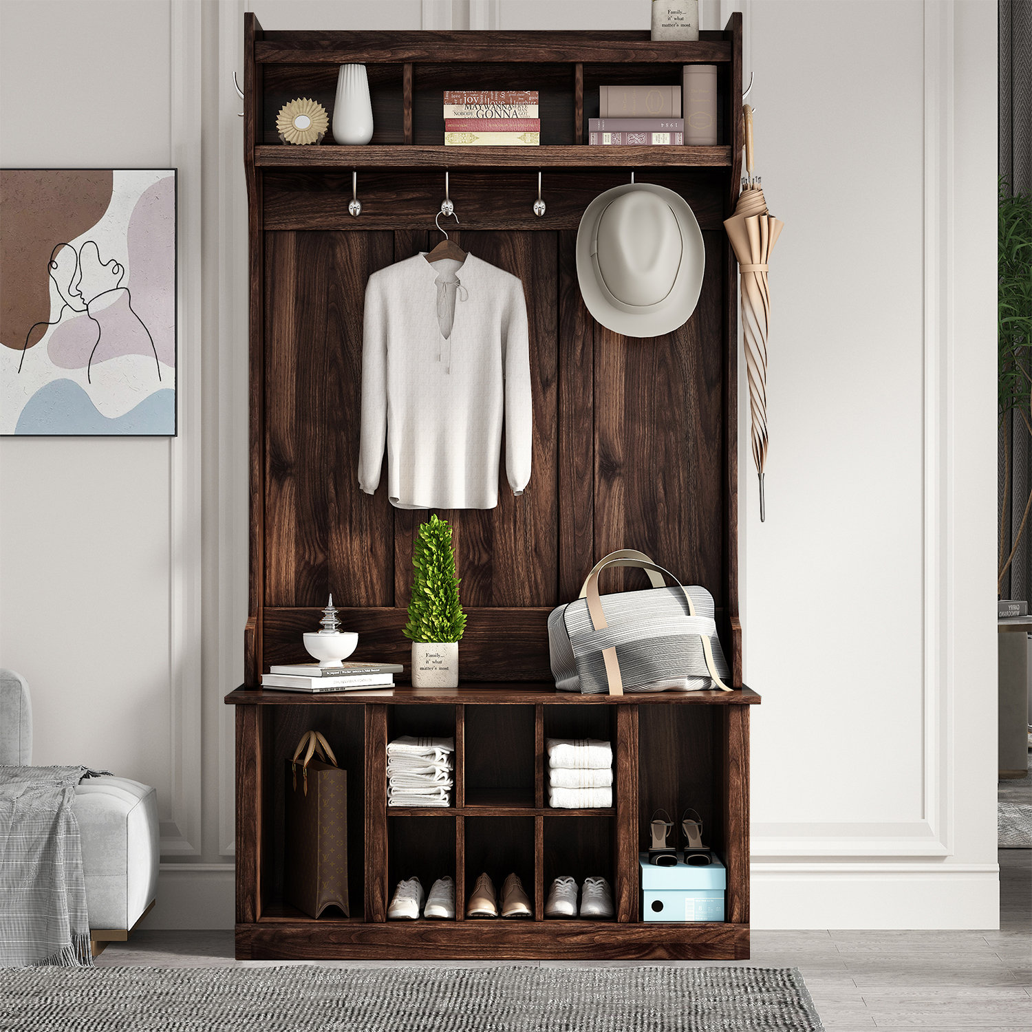 Red Barrel Studio® Hall Tree 39.42'' Wide with Bench and Shoe Storage ...