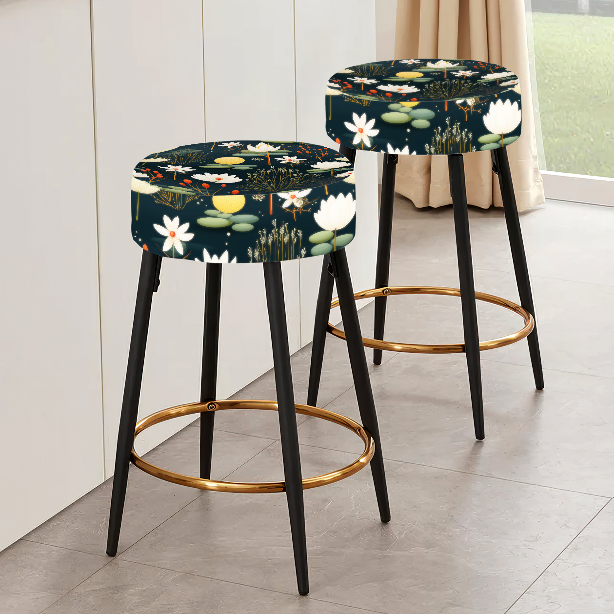 Design Art White Zen Floral Lotus Harmony - Floral Bar Stools Set Of 2 ...