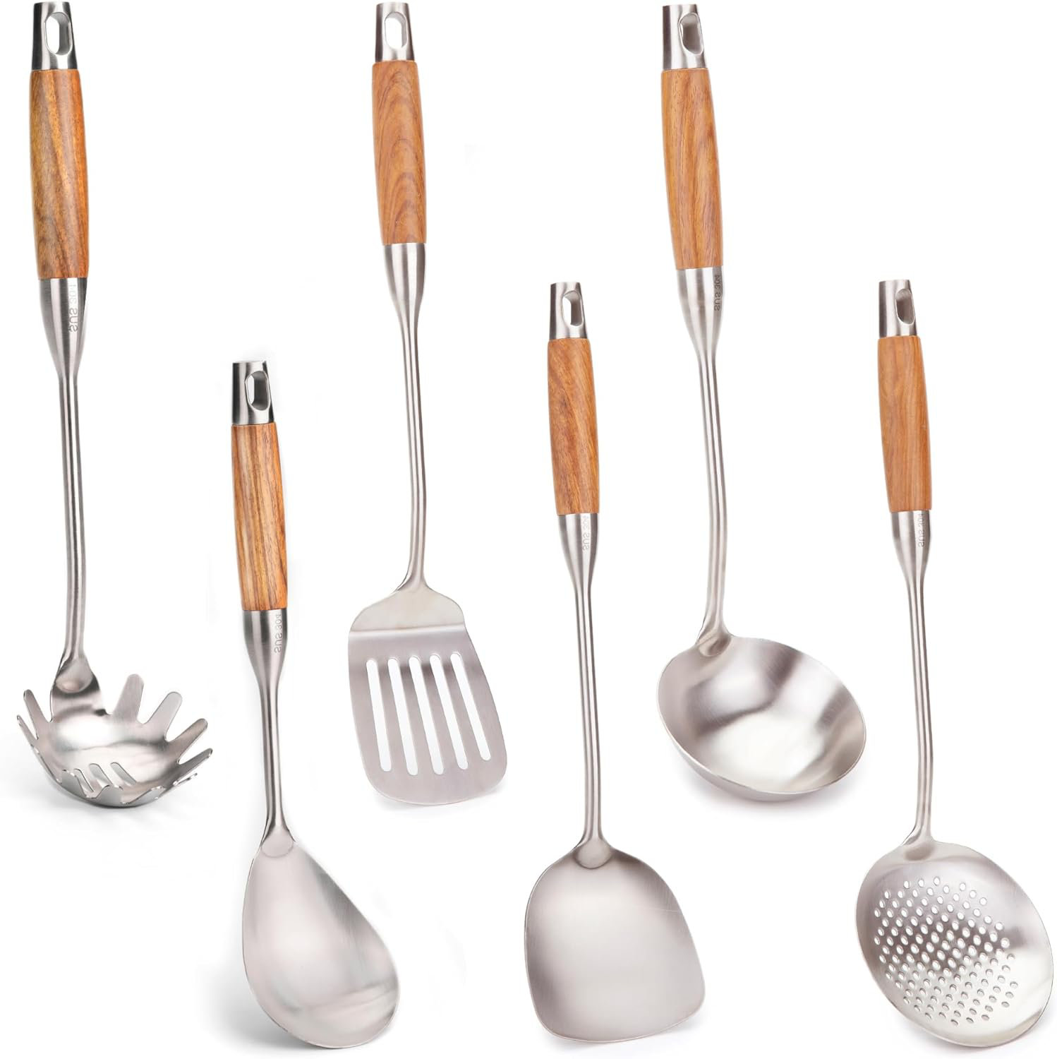 WKING 6-Piece Stainless Steel Wok Utensil Set With Wooden Handles, 13 ...