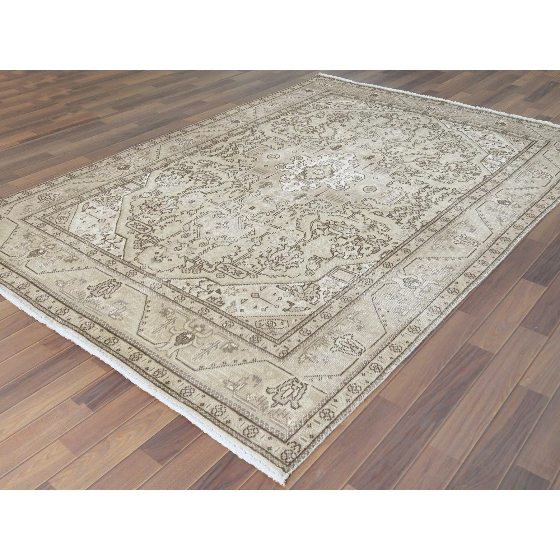 Isabelline 6'3"X9' Distressed Worn Wool Shaved Down Hand Knotted Ivory ...
