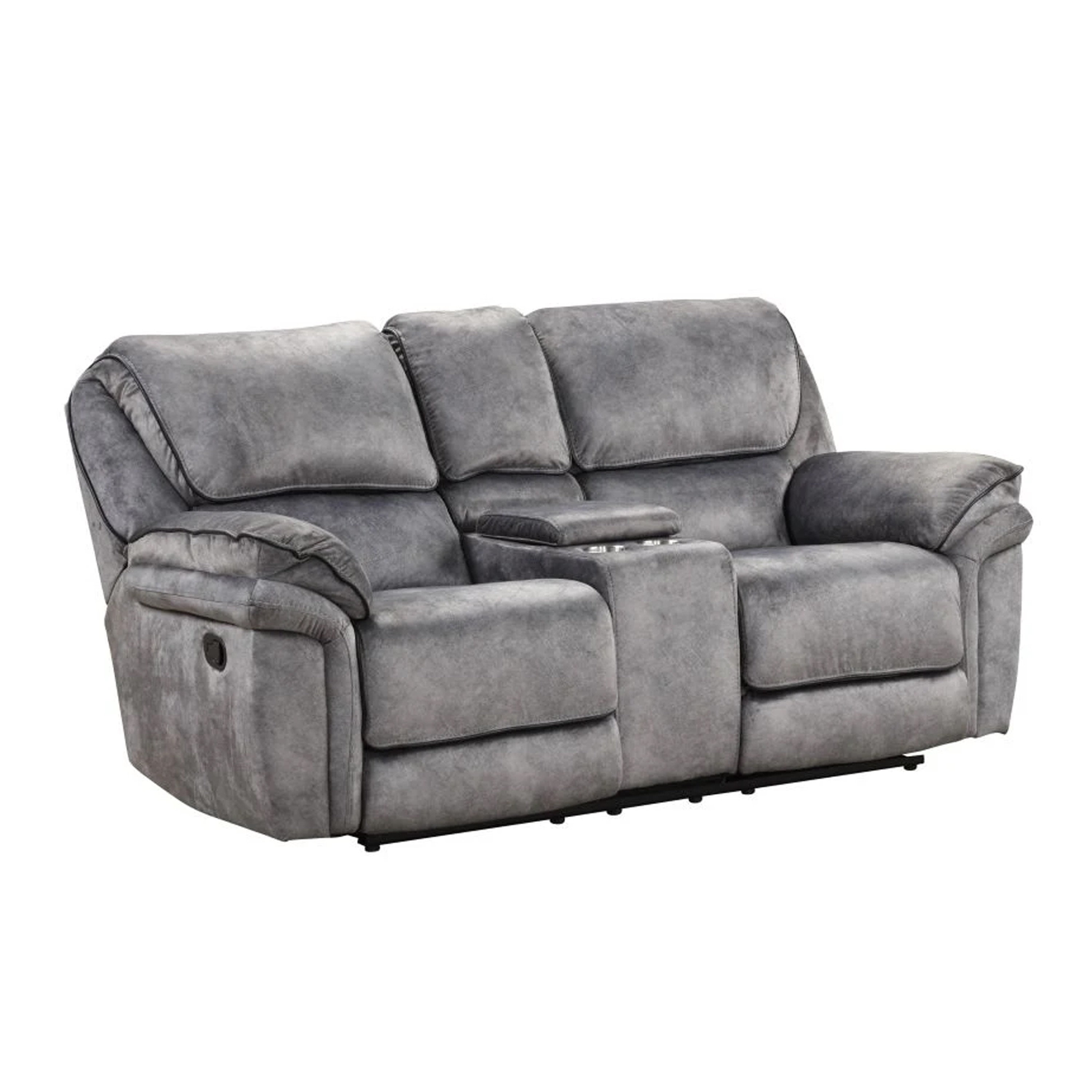 Benjara Remma Manual Recliner Loveseat, Gray Faux Leather, Console With ...