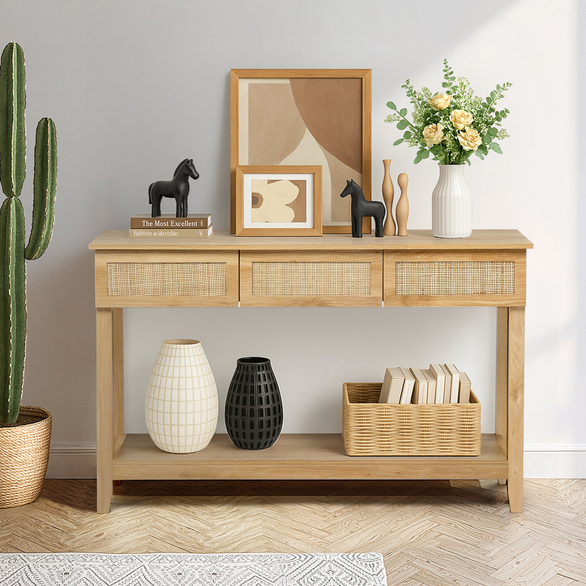 Bay Isle Home™ Wood 2-Layer 3-Draw MDF 130 * 30 * 81Cm Rattan Surface ...