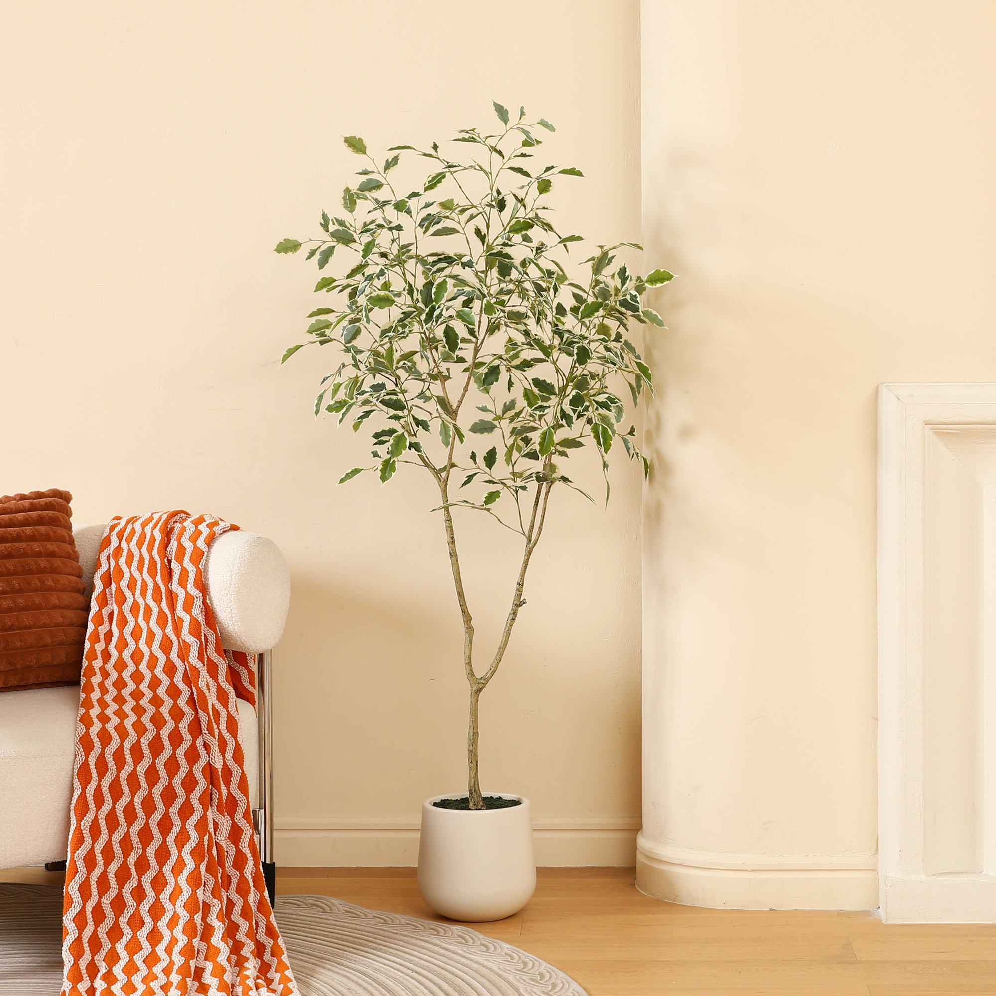 Primrue Faux Ficus Tree with Oval White Planter, Pre Potted Faux ...