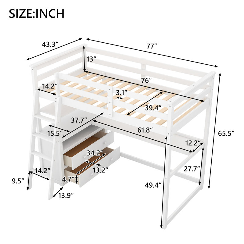 Harriet Bee Evo 2 Drawer Loft Bed with Built-in Desk and Shelves ...